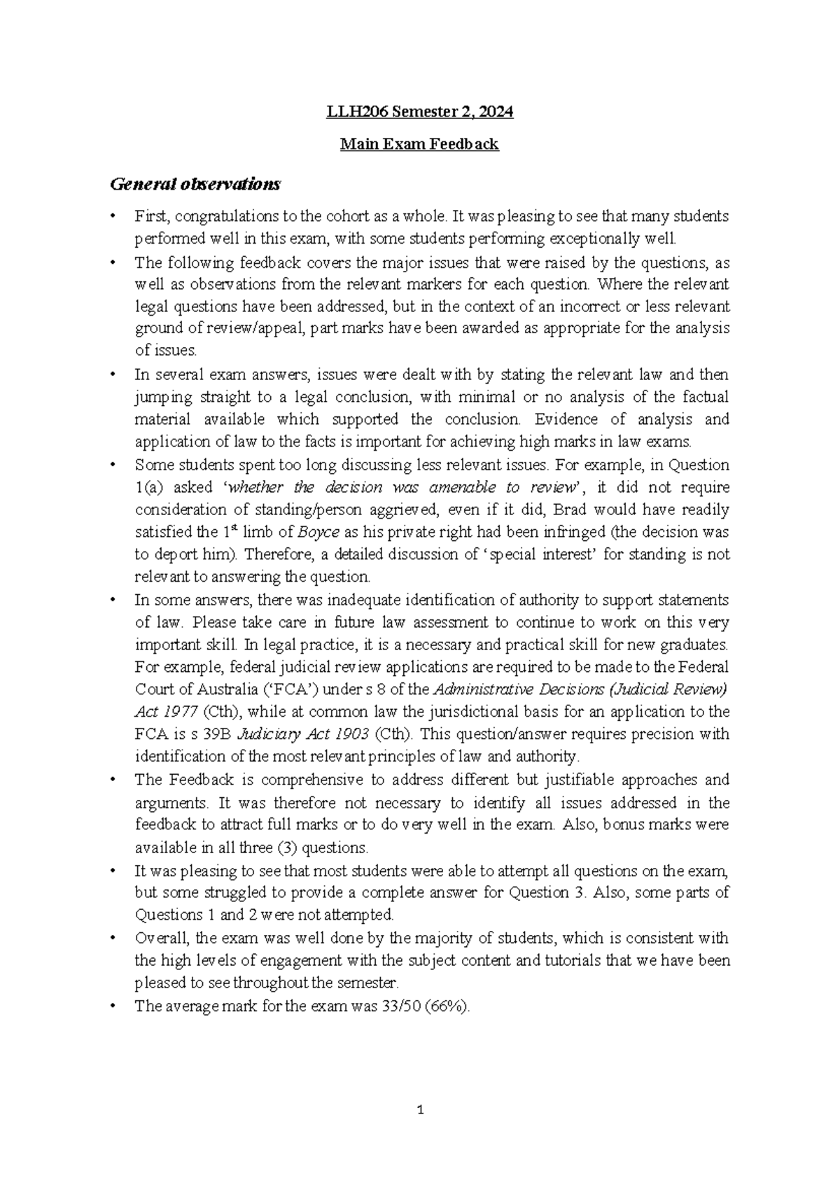2024 LLH206 Semester 2 Main Exam Feedback and Observations - Studocu