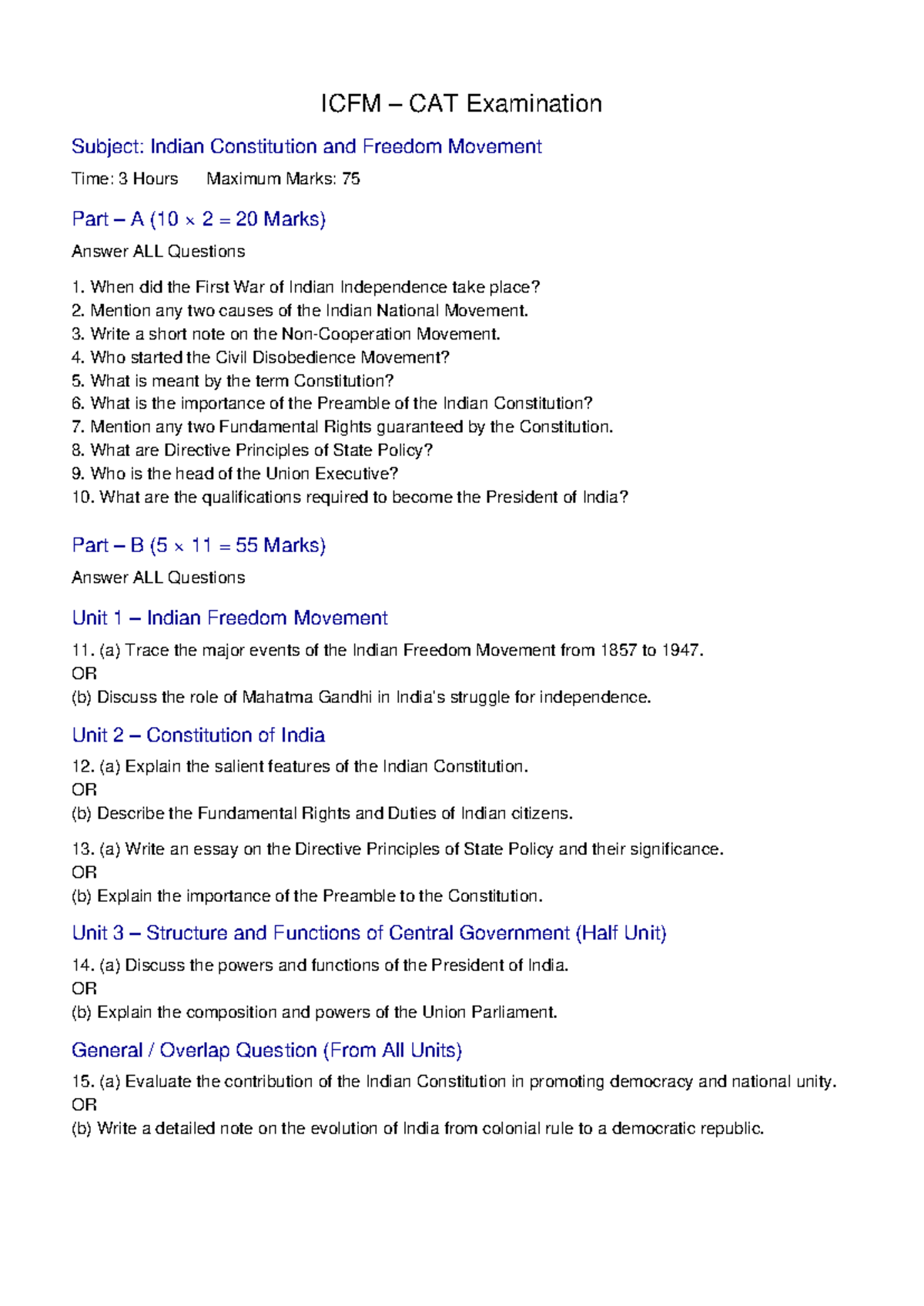 ICFM CAT Exam: Indian Constitution & Freedom Movement Questions - Studocu