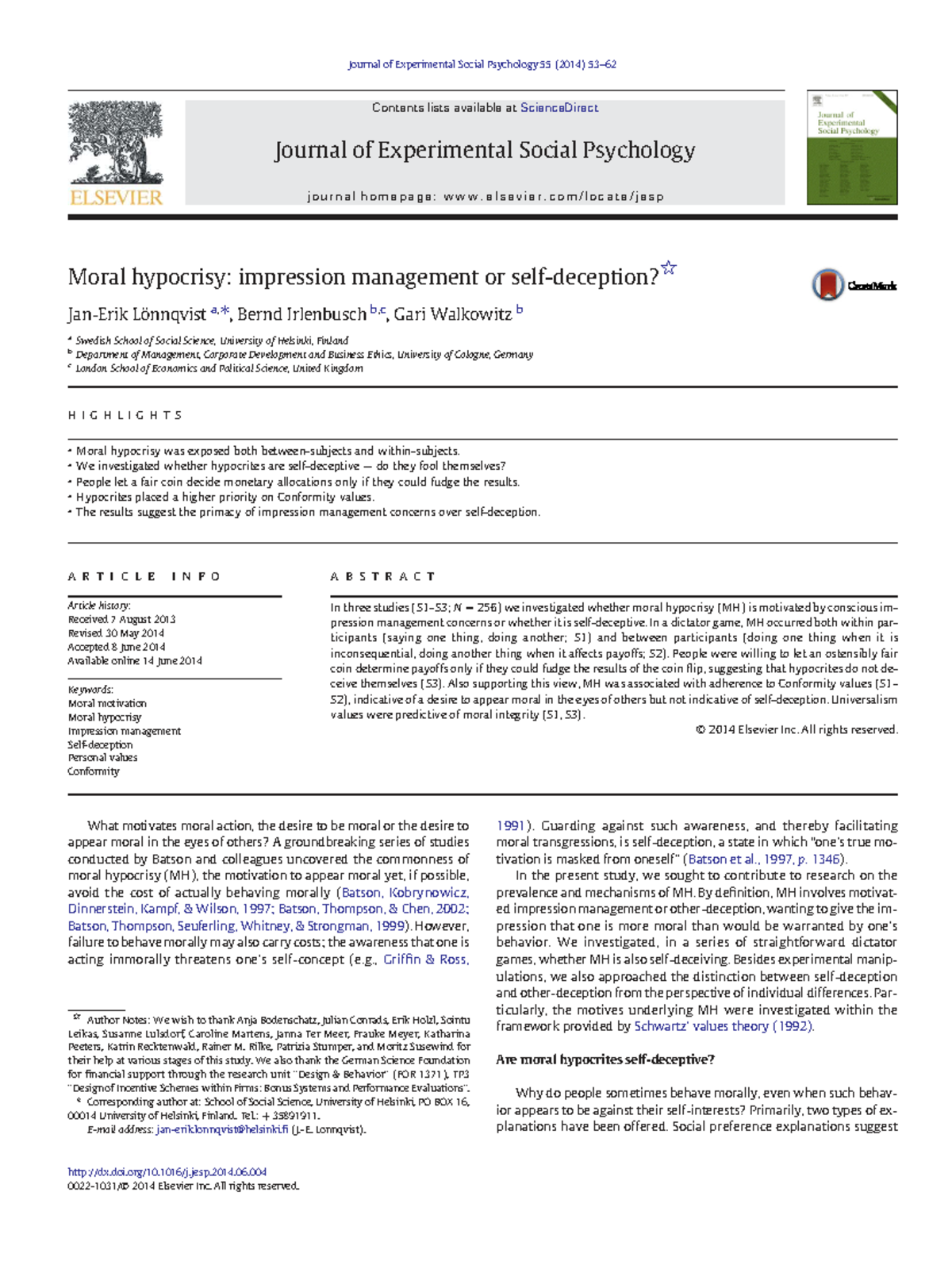 Moral Hypocrisy: Impression Management or Self-Deception? - Studocu