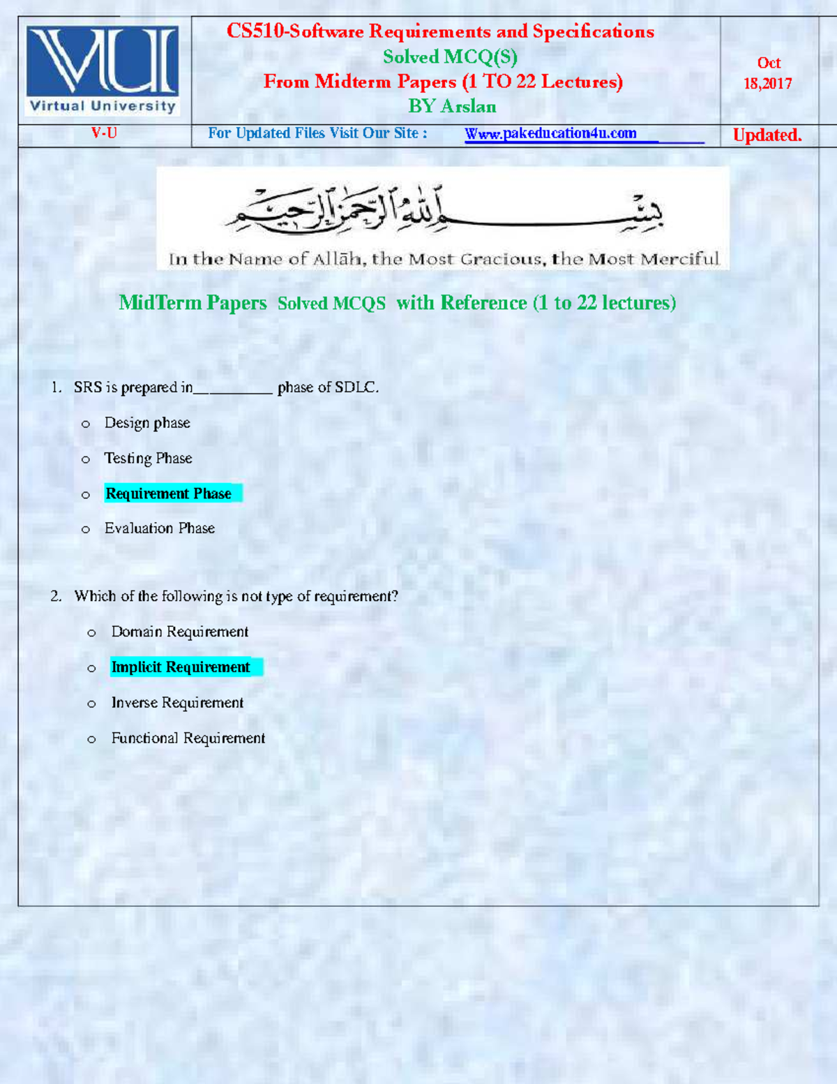 CS510 Midterm Solved MCQs from Lectures 1 to 22 by Arslan - Studocu