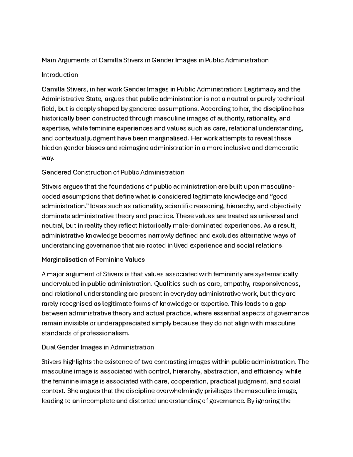 Camilla Stivers' Gender Images in Public Admin: Key Arguments - Studocu