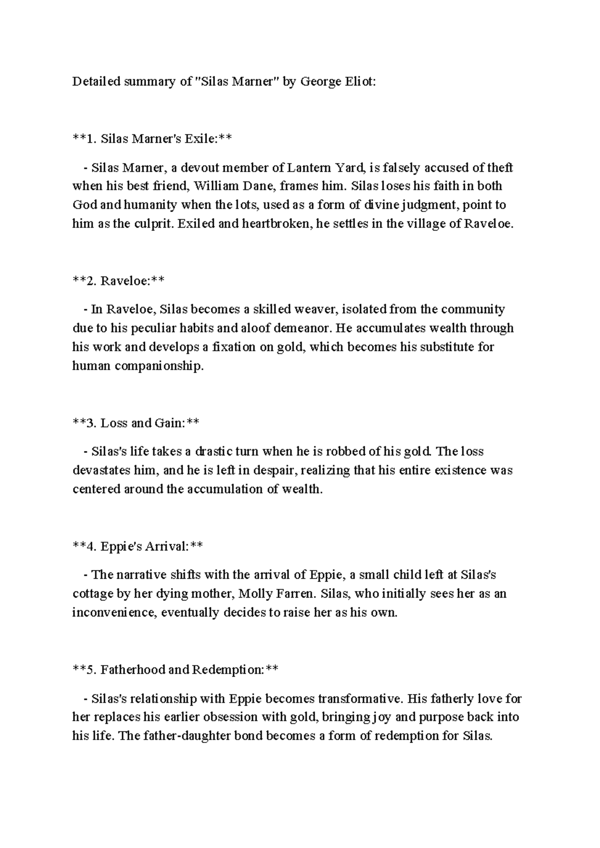 Summary of "Silas Marner" by George Eliot: Themes & Character Arc - Studocu