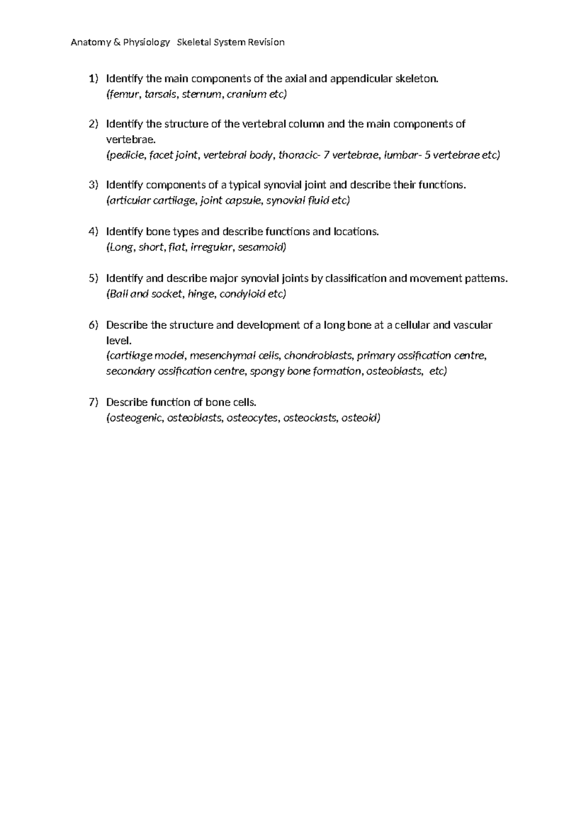 Anatomy & Physiology: Skeletal System Revision Notes - Studocu