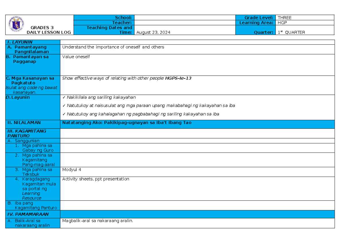 HGP 3 Daily Lesson Log: Week 4 Activities and Objectives - Studocu