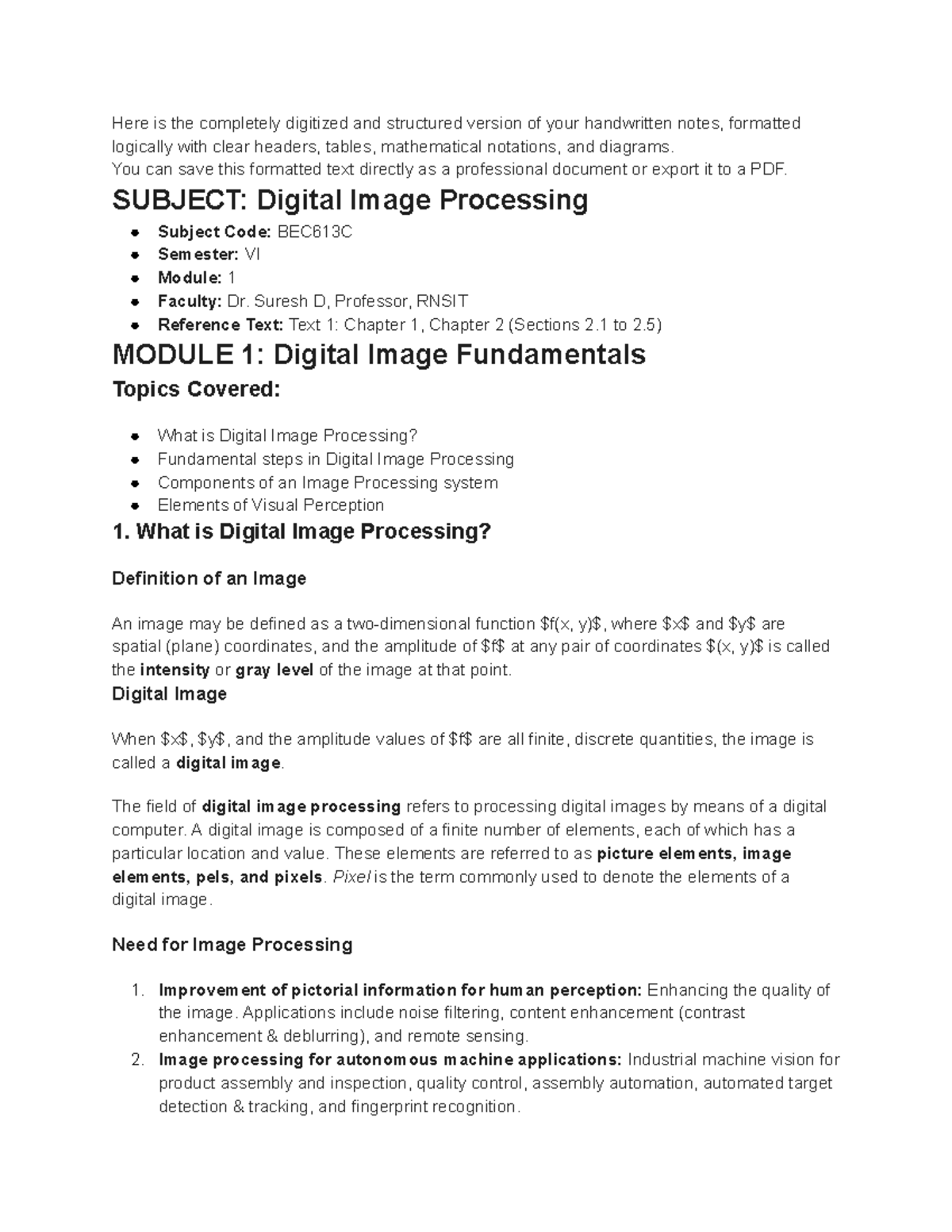 DIP613C Module 1: Digital Image Processing Fundamentals - Studocu