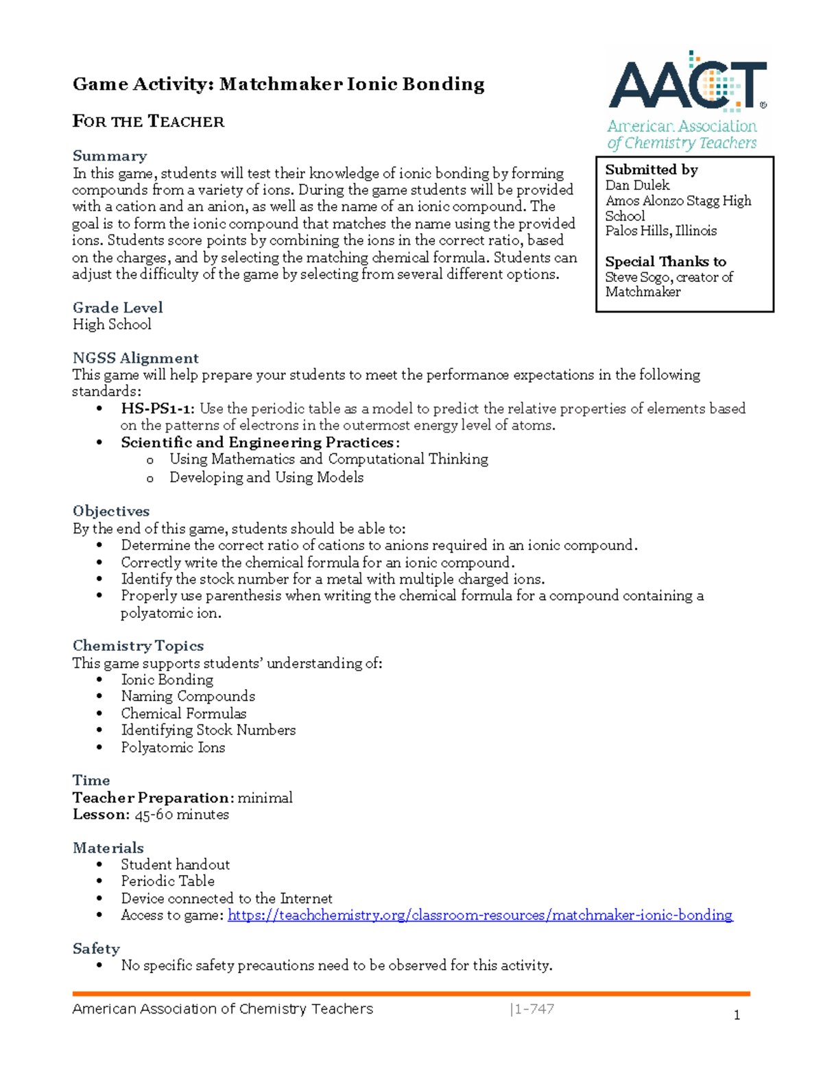 Game Activity: Ionic Bonding Matchmaker for High School Chemistry - Studocu