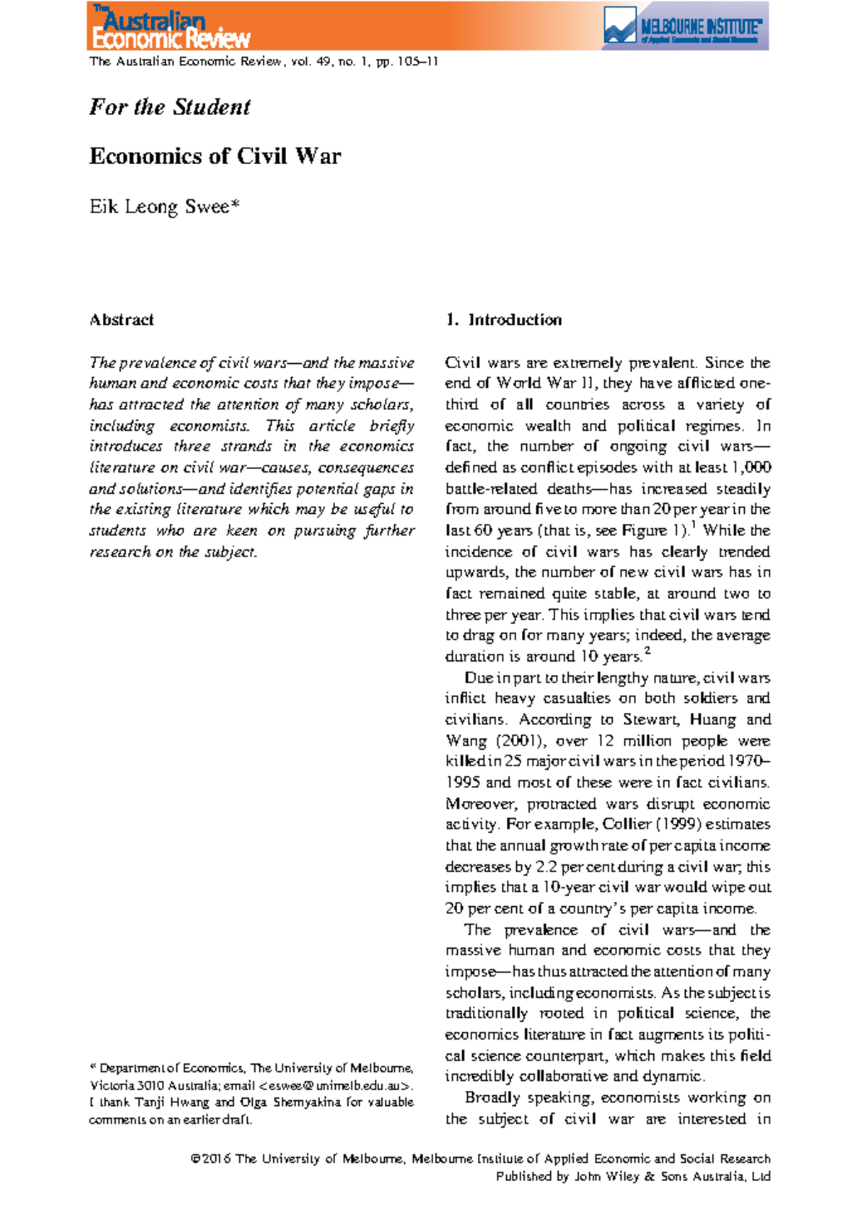 Swee (2016) - Economics of Civil War: Causes, Consequences, and ...