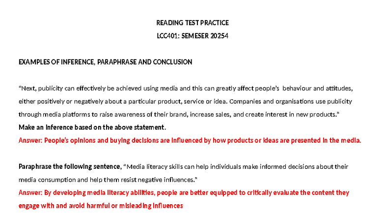 Reading Test Practice LCC401: Semester 20254 Inference & Conclusion ...