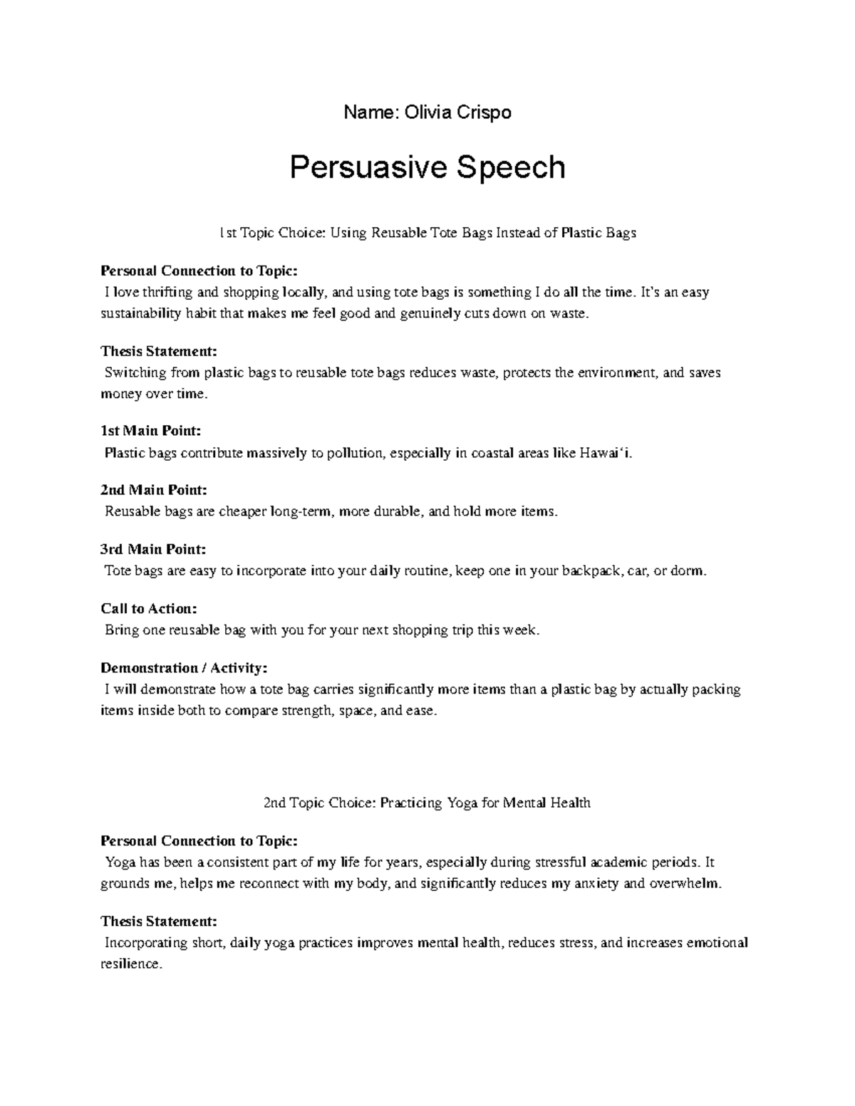 Persuasive Speech: Using Reusable Tote Bags & Yoga for Mental Health ...
