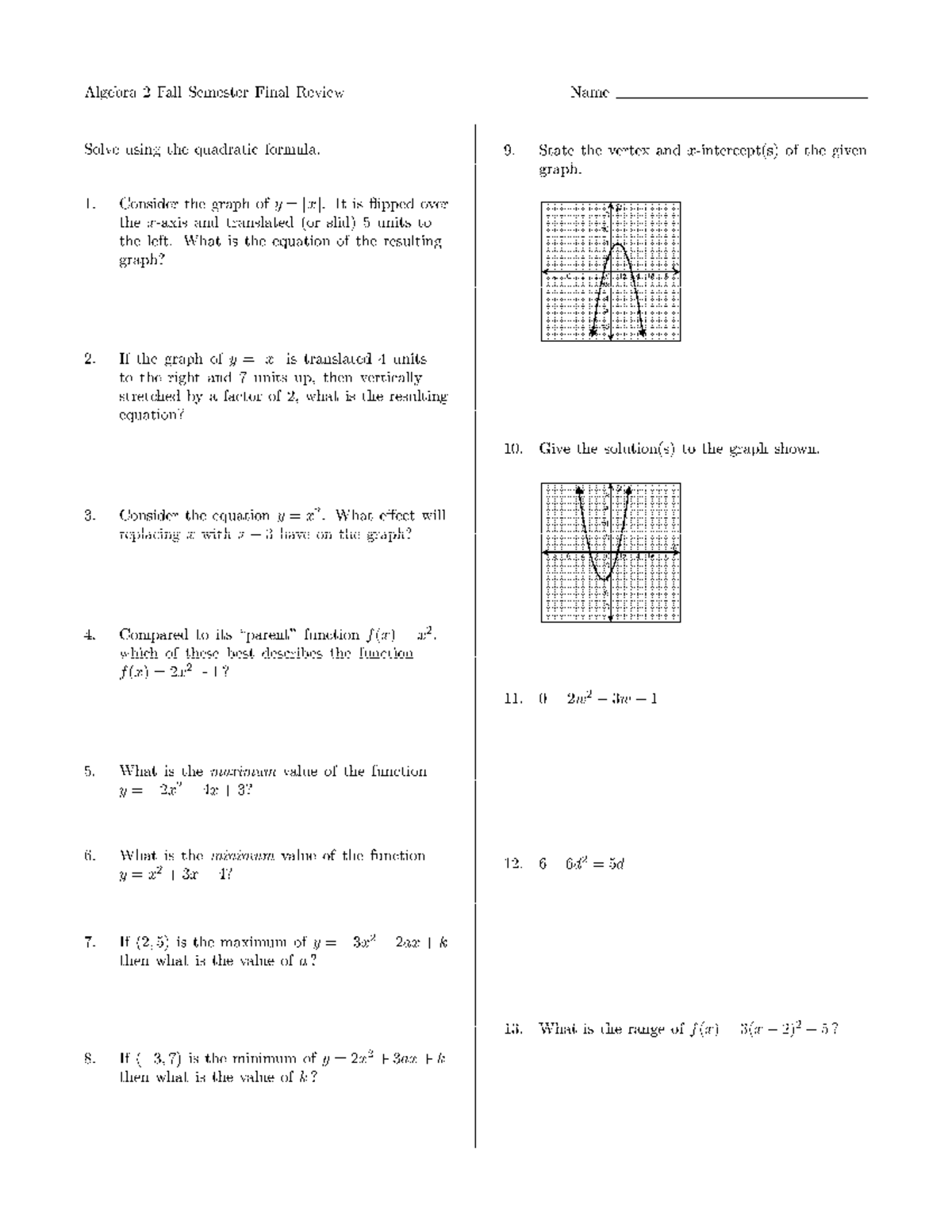Algebra 2 (MATH 201) Fall Semester Final Exam Review Guide - Studocu