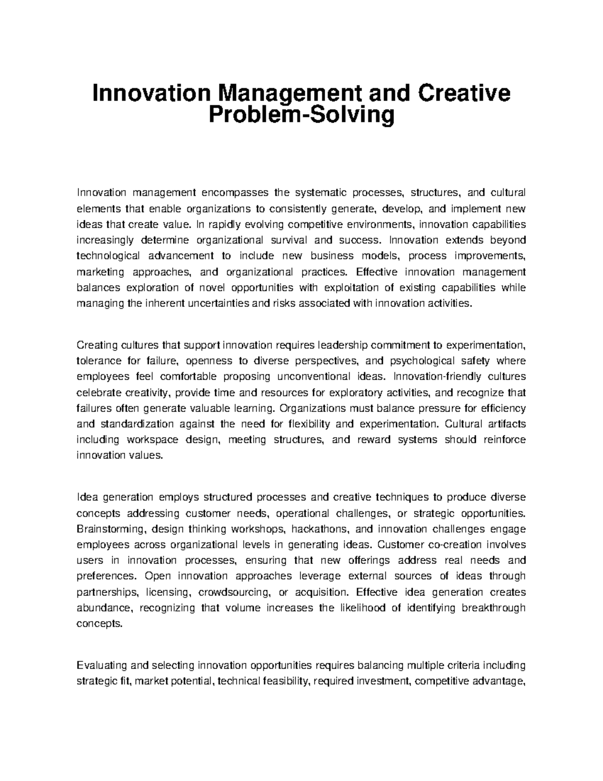 Innovation Management: Strategies for Creative Value Creation - Studocu