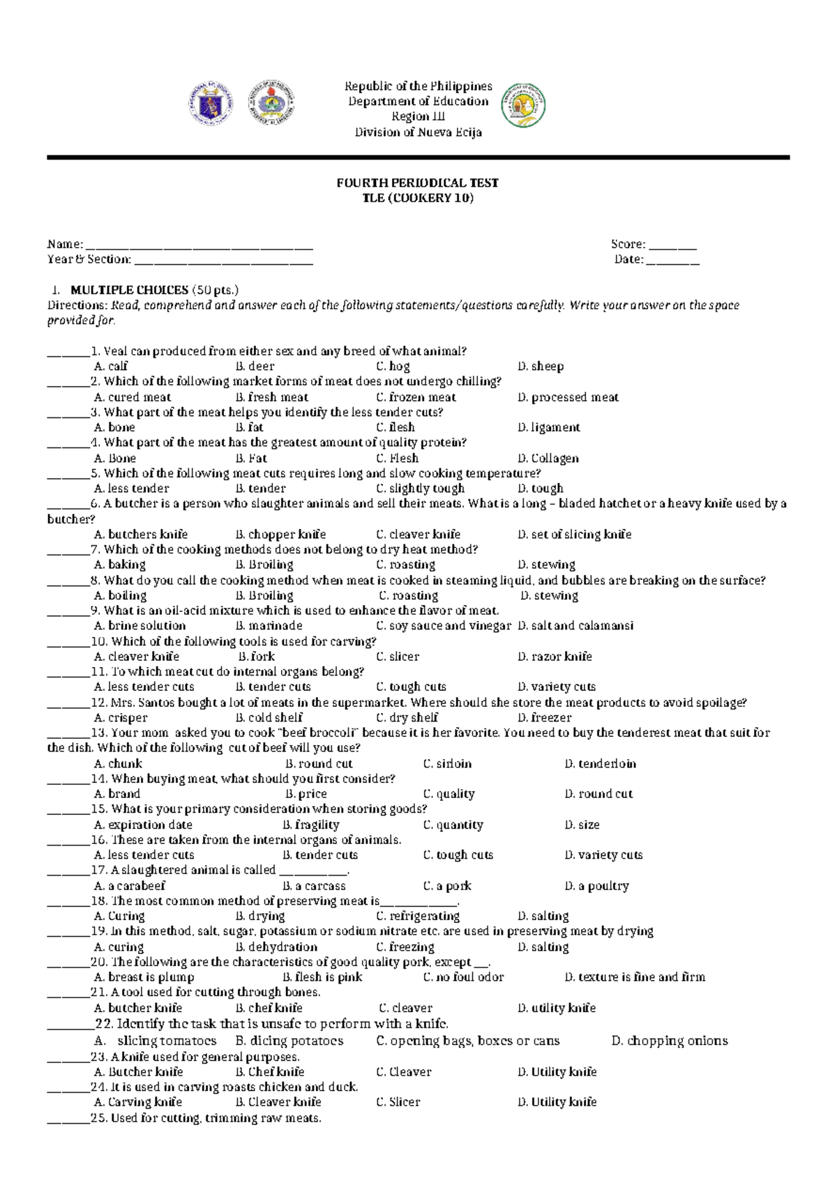 4TH PT TLE (COOKERY 10) Sample Exam Questions and Answers - Studocu