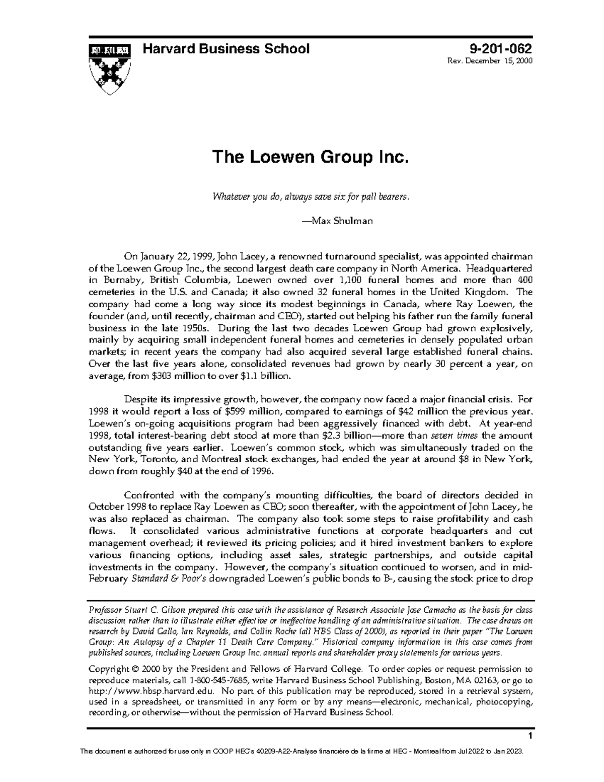 201-062 The Loewen Group Inc. Case Study: A Financial Crisis Analysis ...