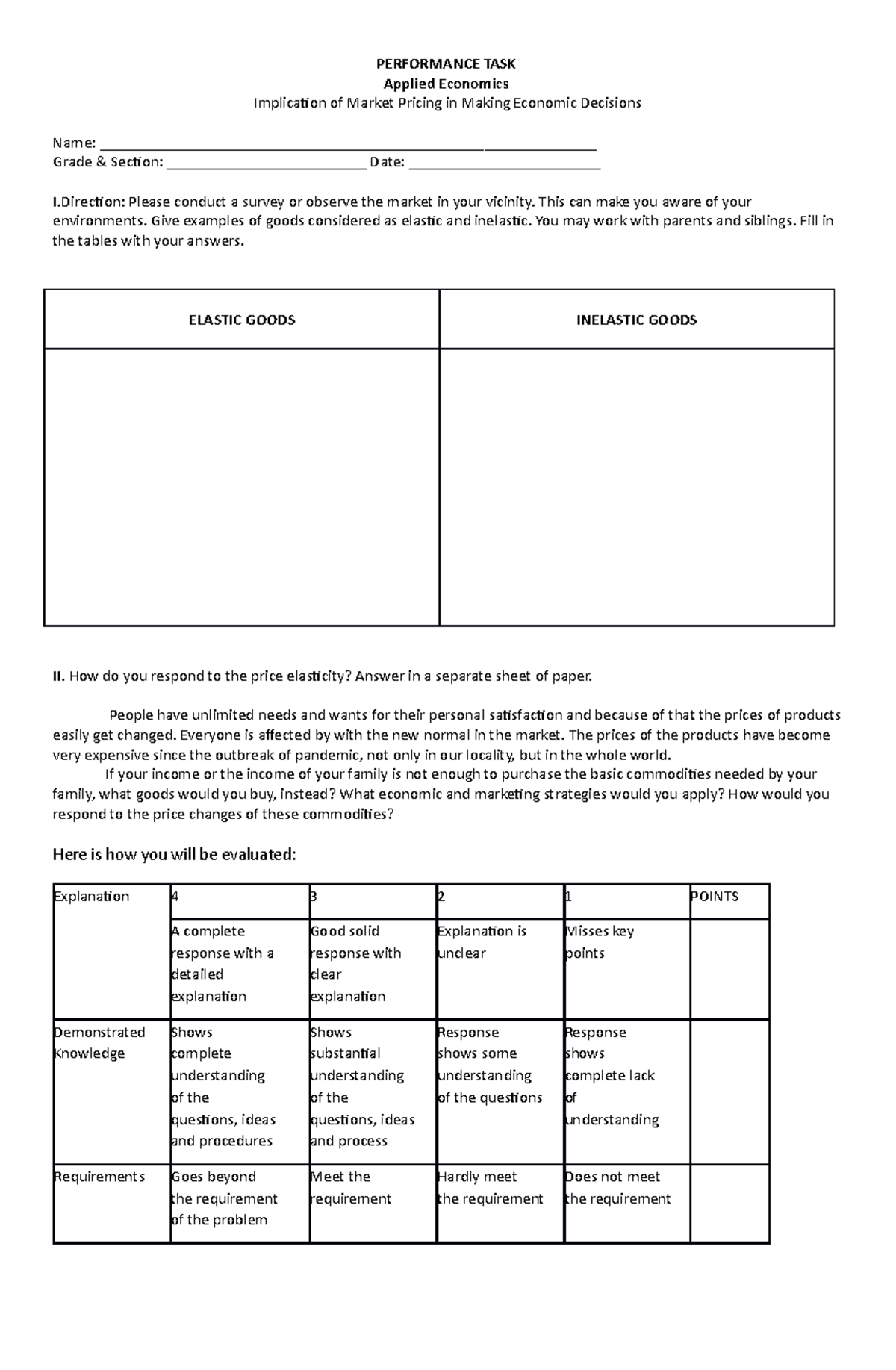2 Performance TASK - PERFORMANCE TASK Applied Economics Implication of ...
