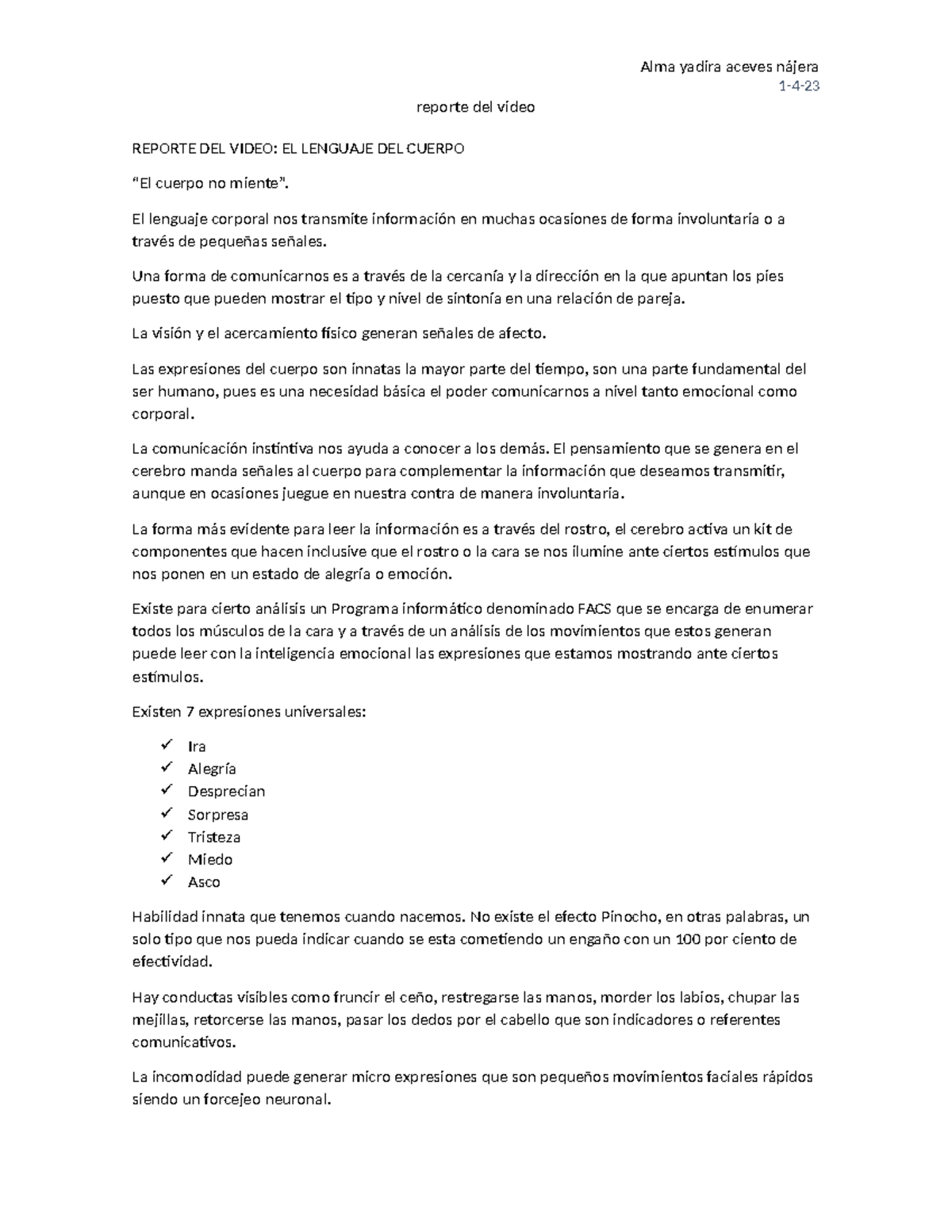 Reporte del Video: El Lenguaje del Cuerpo - Psicología - Studocu