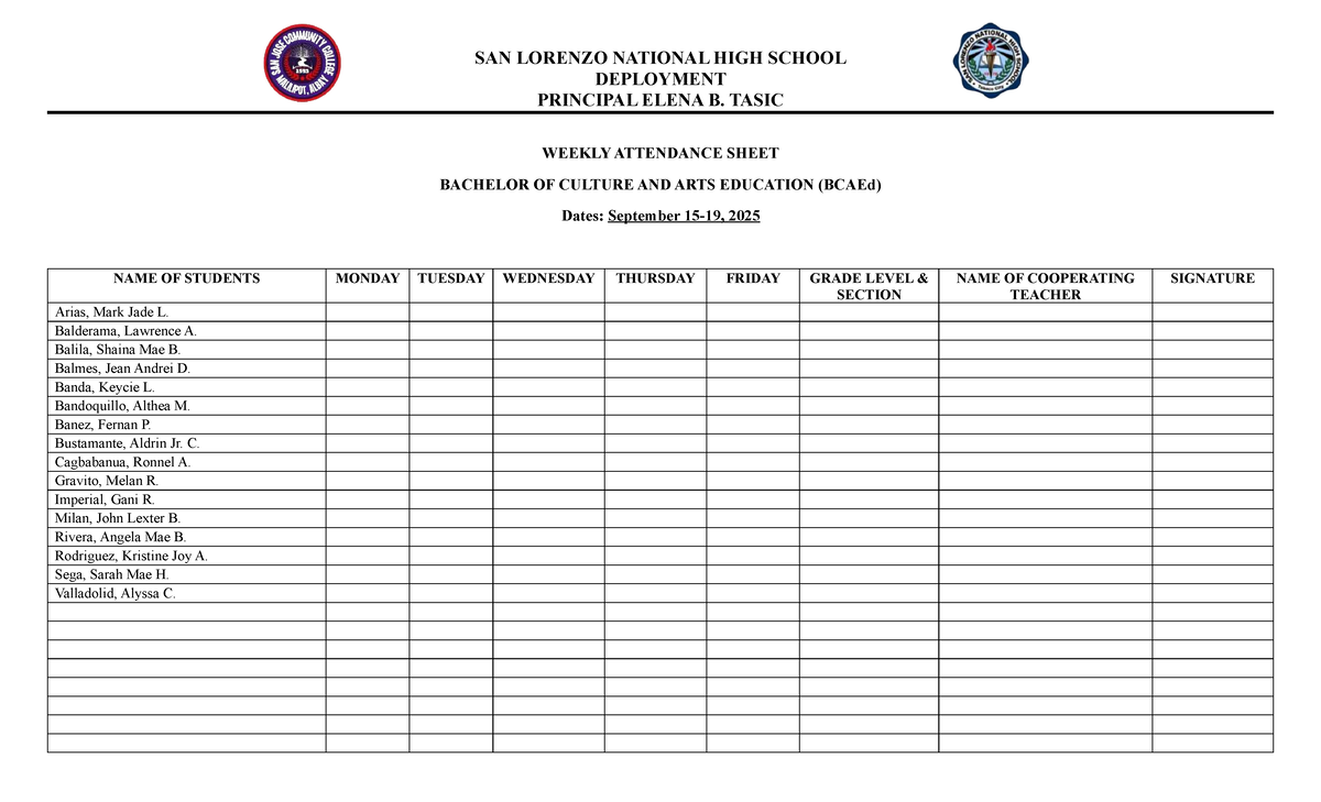 Weekly Attendance Sheet - BCAEd & BSEd (Sept 2025) - Studocu