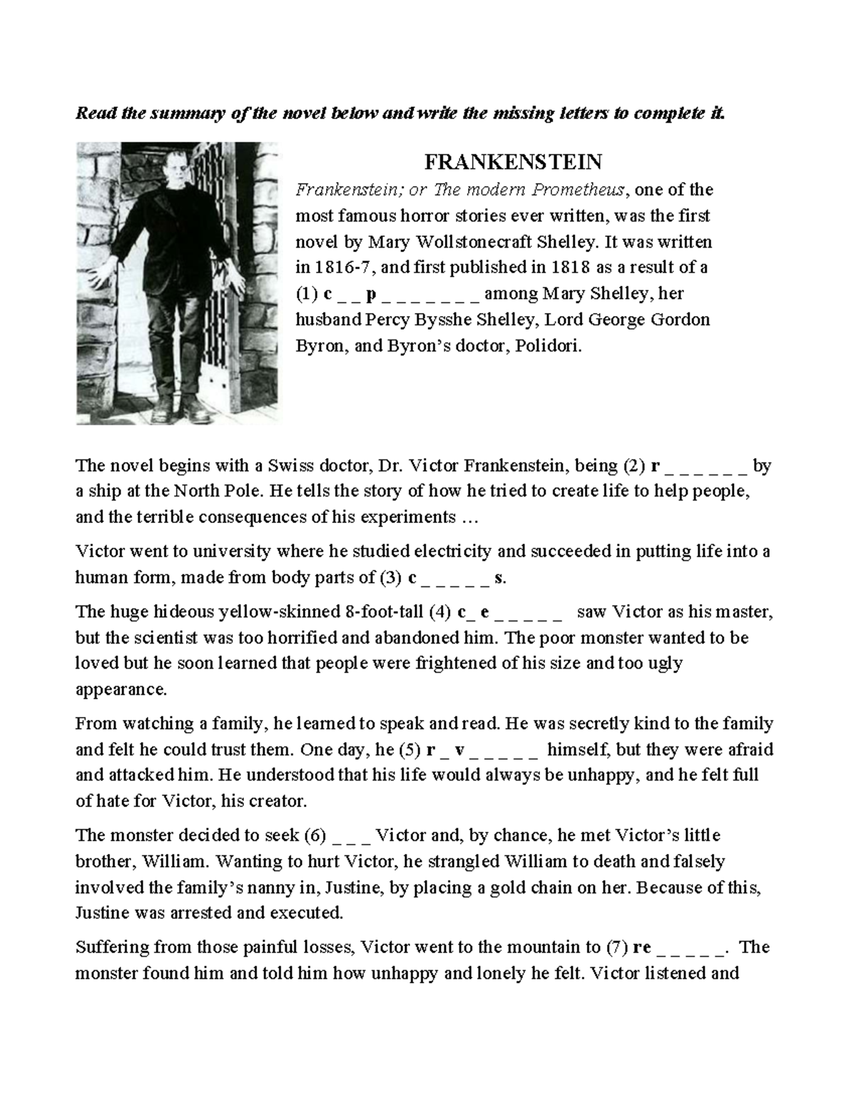 Frankenstein Summary: Complete the Missing Letters Exercise - Studocu