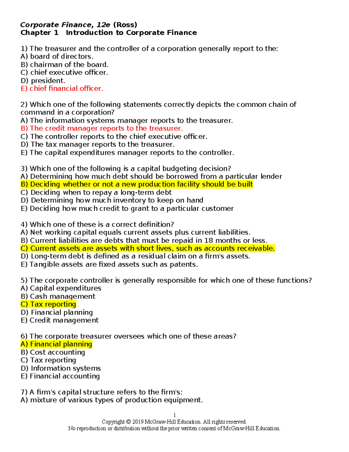 Corporate Finance, 12e (Ross) Chapter 1 Test Bank Questions - Studocu