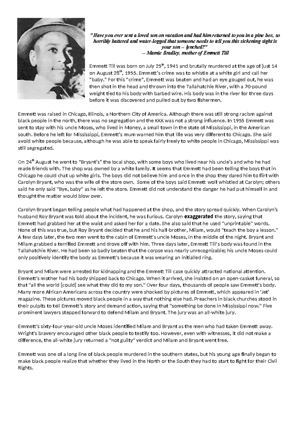 Lesson 5: The Tragic Story of Emmett Till - Studocu