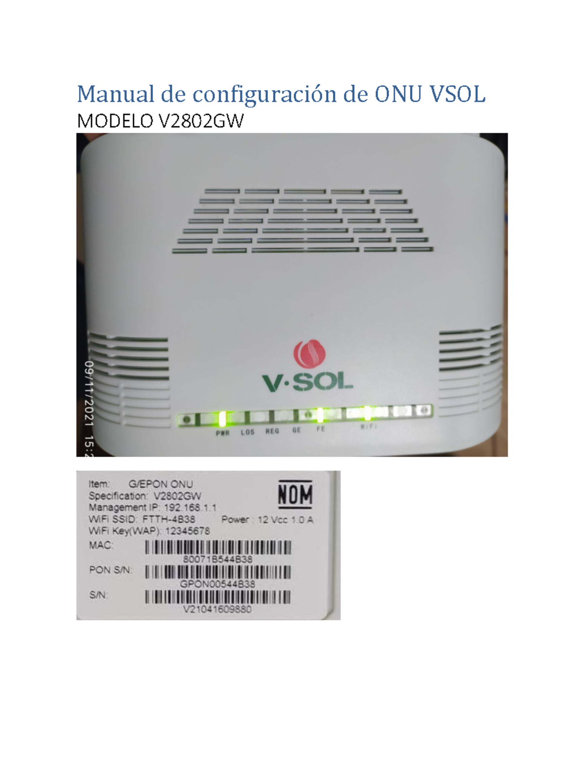 Manual de Configuración ONU VSOL V2802GW - Guía de Usuario - Studocu