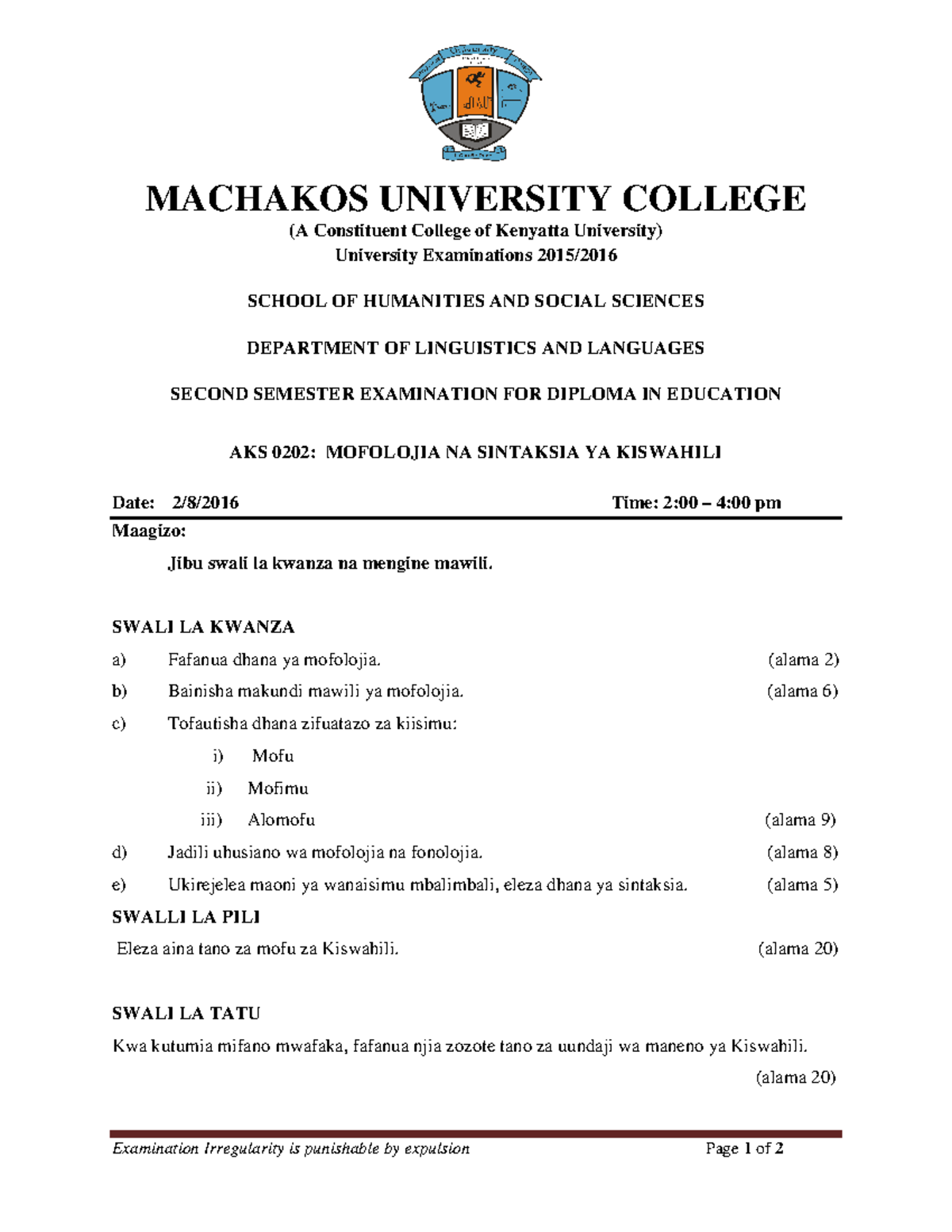 AKS O2O2 Mof n Sint exam 2016 - Examination Irregularity is punishable ...