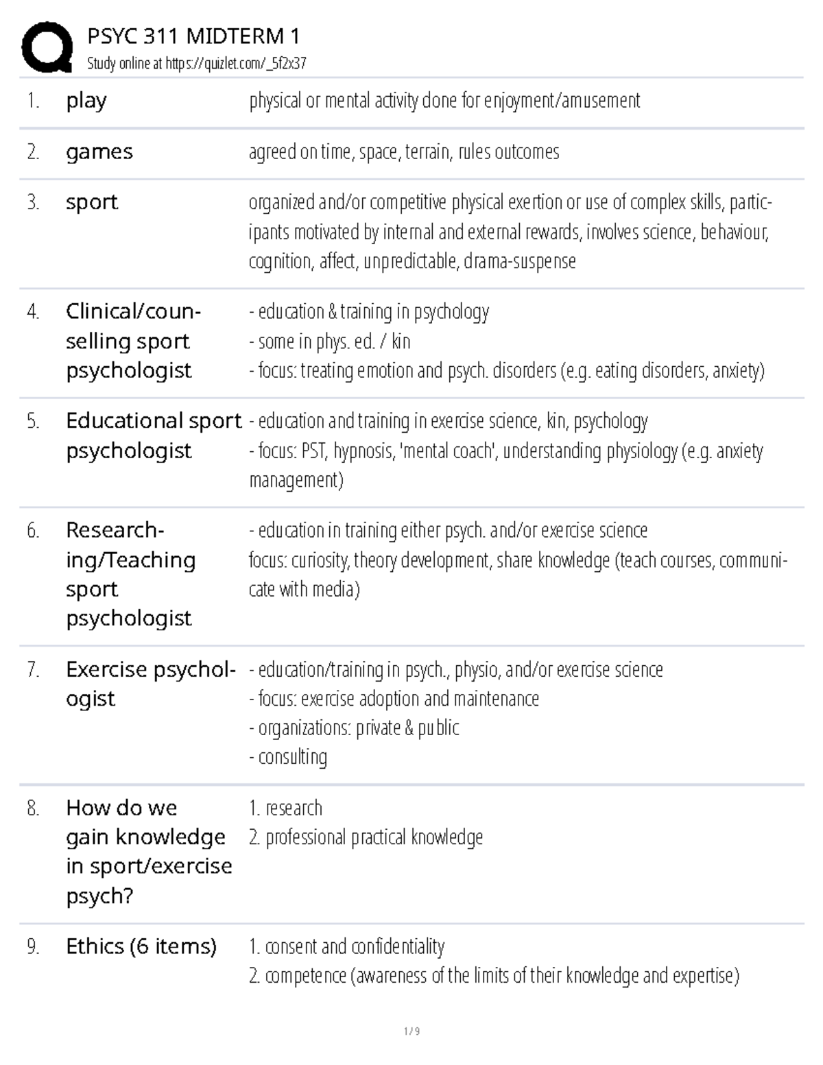 PSYC 311 MIDTERM 1 Vocabulary Notes for Exam Preparation - Studocu