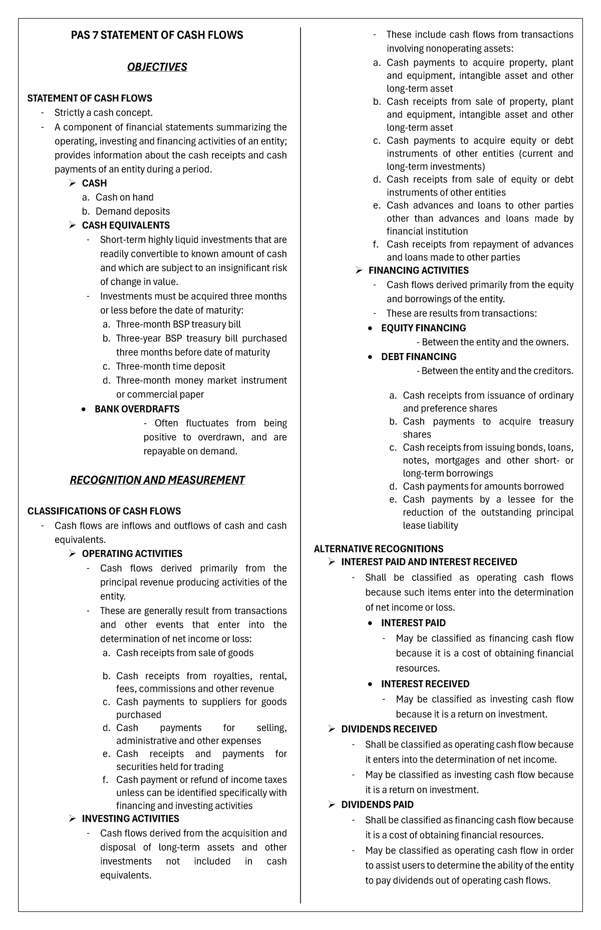 PAS 7: Statement of Cash Flows Overview and Classifications - Studocu