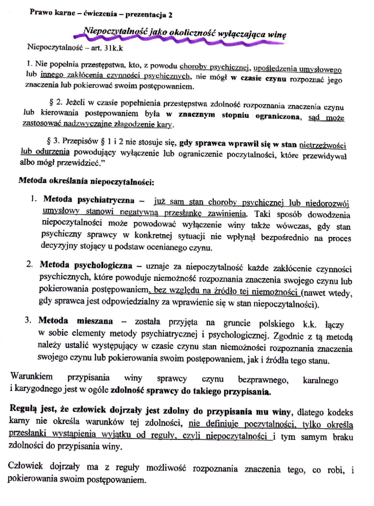 Karne CW 2 - Notatki z Ćwiczeń o Niepoczytalności w Kodeksie Karnym ...