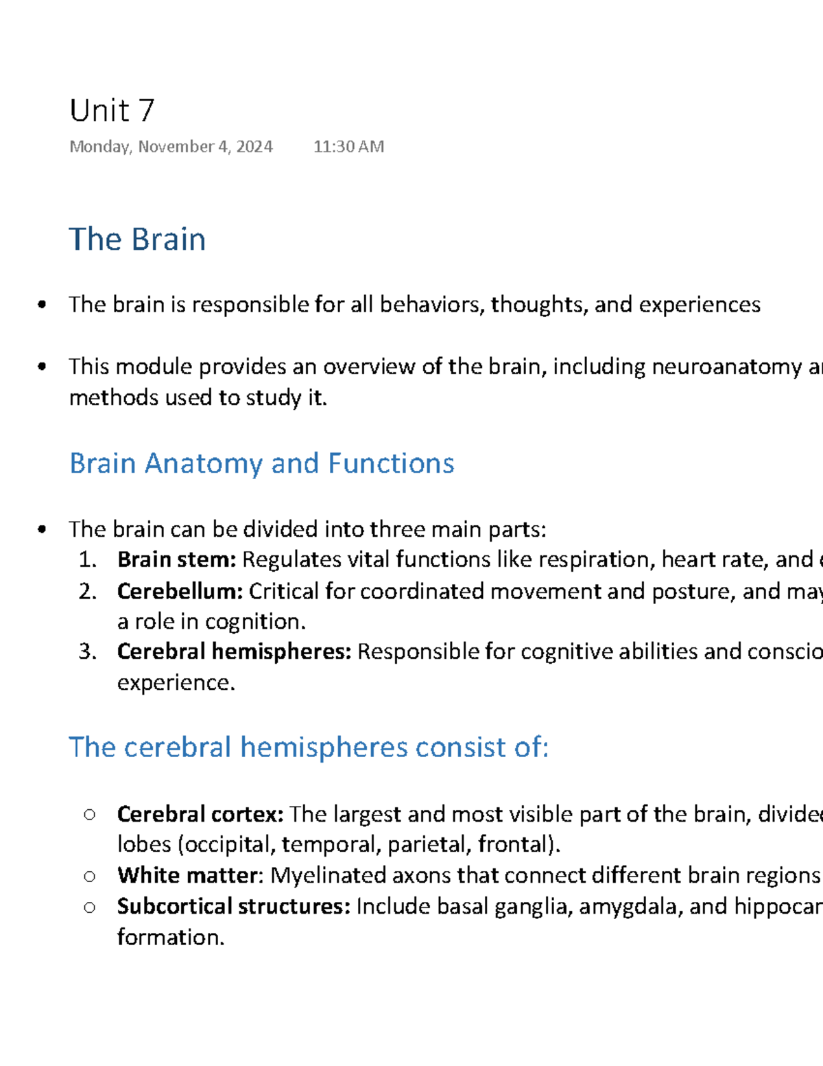 Unit 7 - Overview of Brain Anatomy and Functions - Studocu