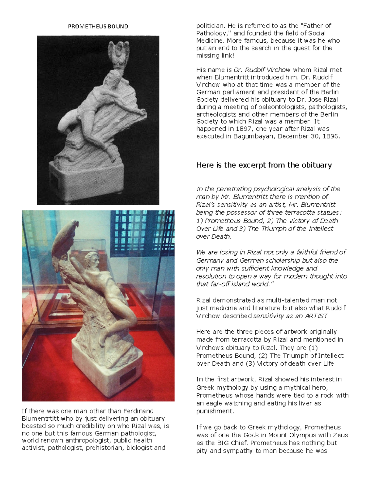 Prometheus Bound: Rizal's Art and Philosophy Explored in Depth - Studocu