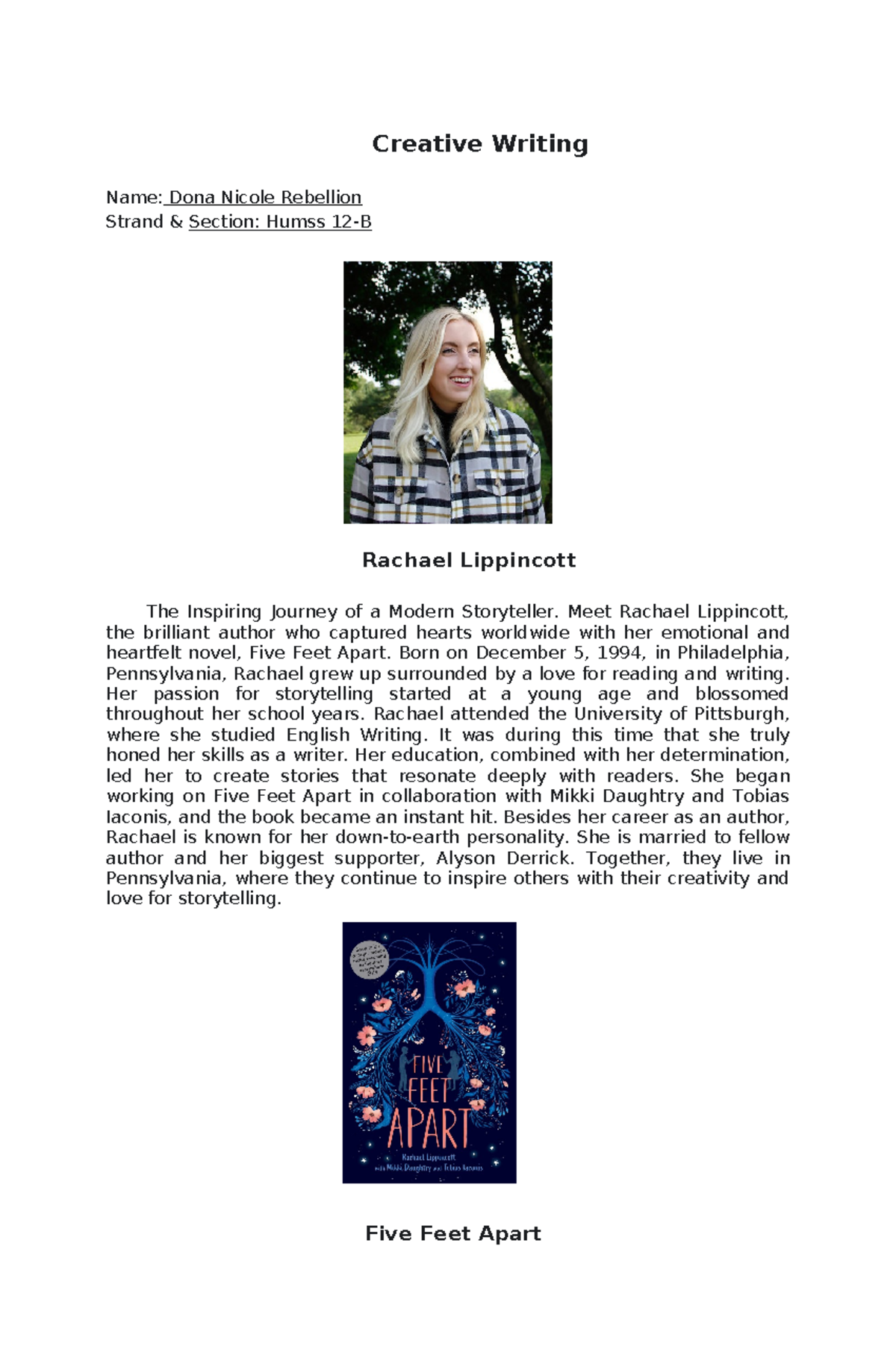 Creative Writing: Book Review of "Five Feet Apart" - Humss 12-B - Studocu