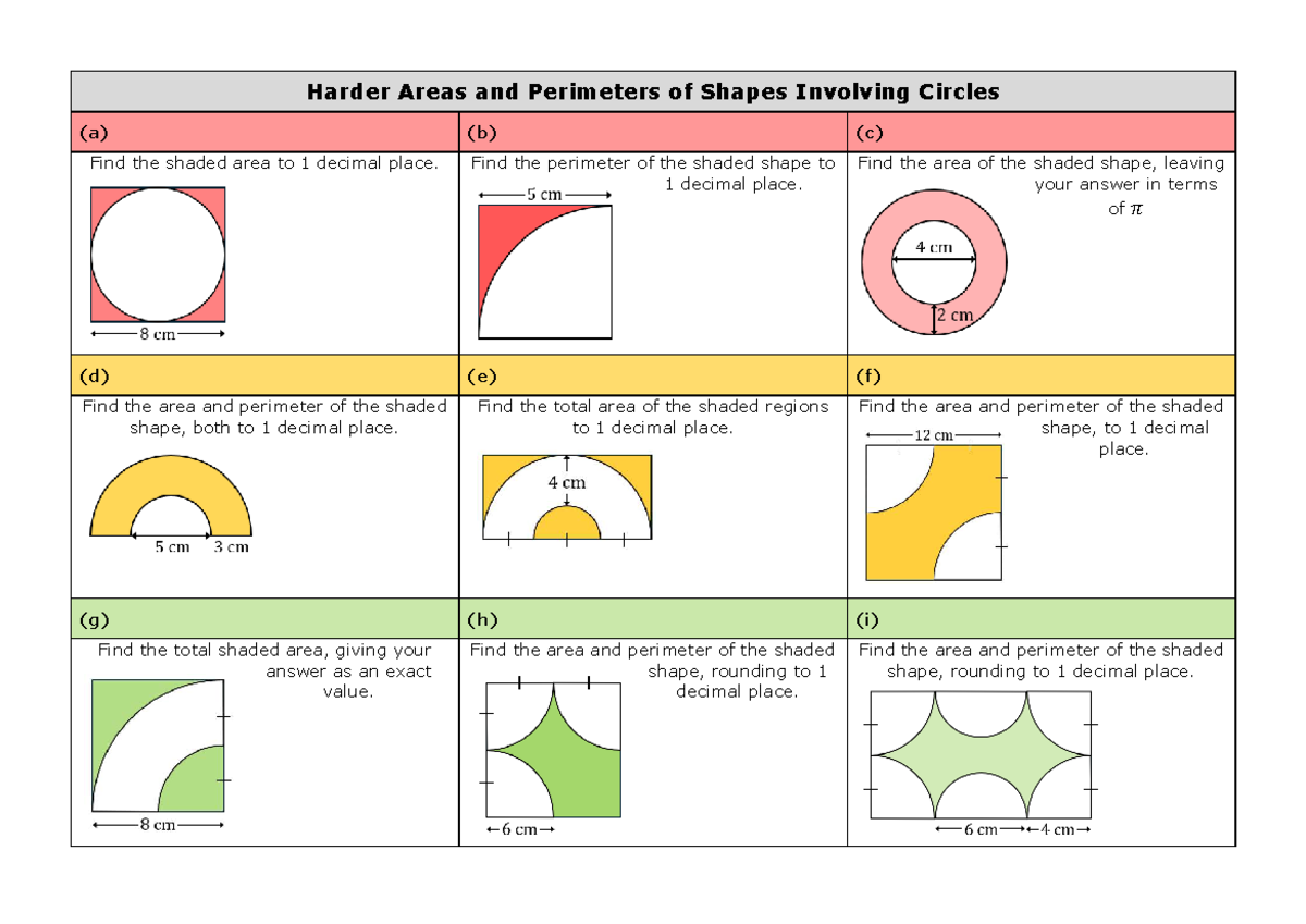 Harder Areas and Perimeters of Shapes Involving Circles Practice Grid - Harder Areas and ...