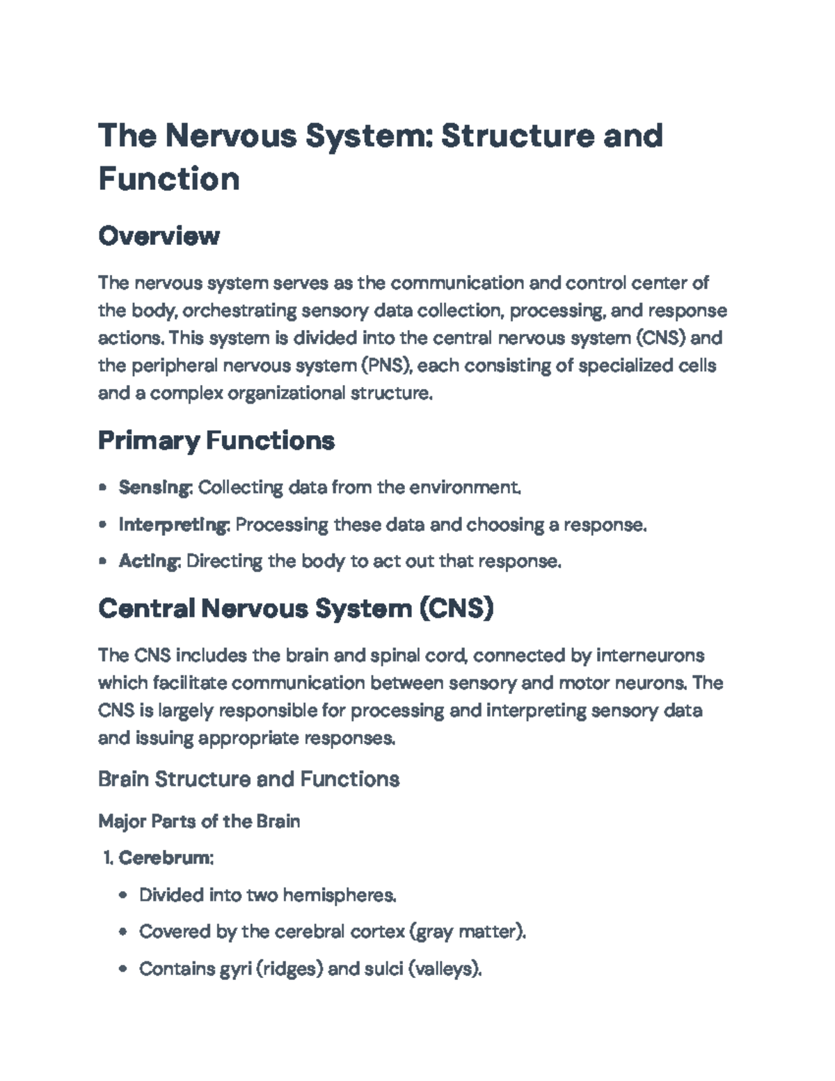 Nervous System Overview: Structure, Function, and Disorders - Bio 101 ...