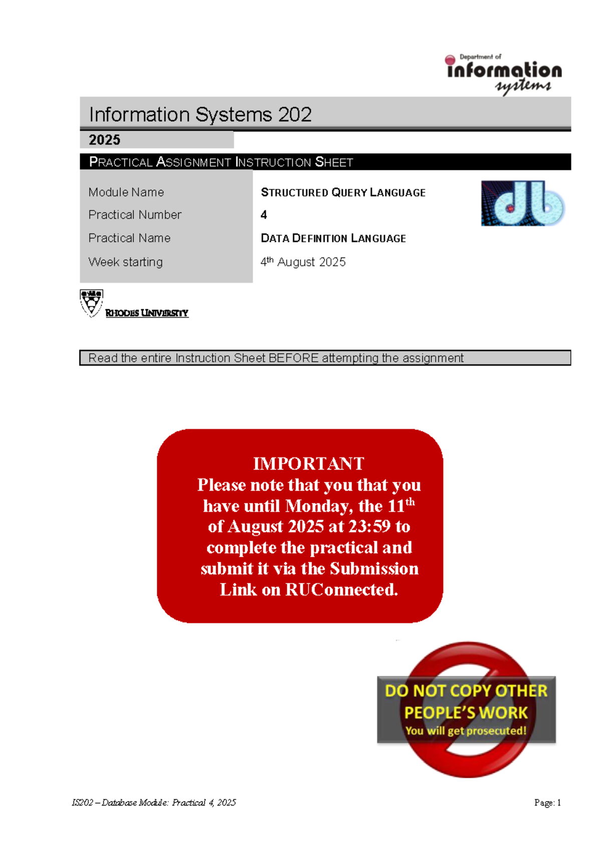 IS202 Practical 4 Instructions: Data Definition Language (DDL) - Studocu