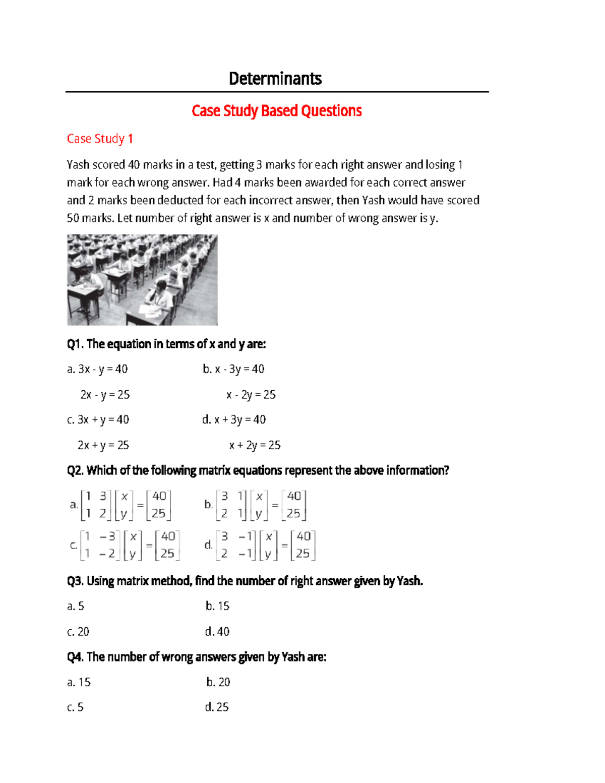 Determinants Case Study Questions and Solutions (CBSE 2023) - Studocu