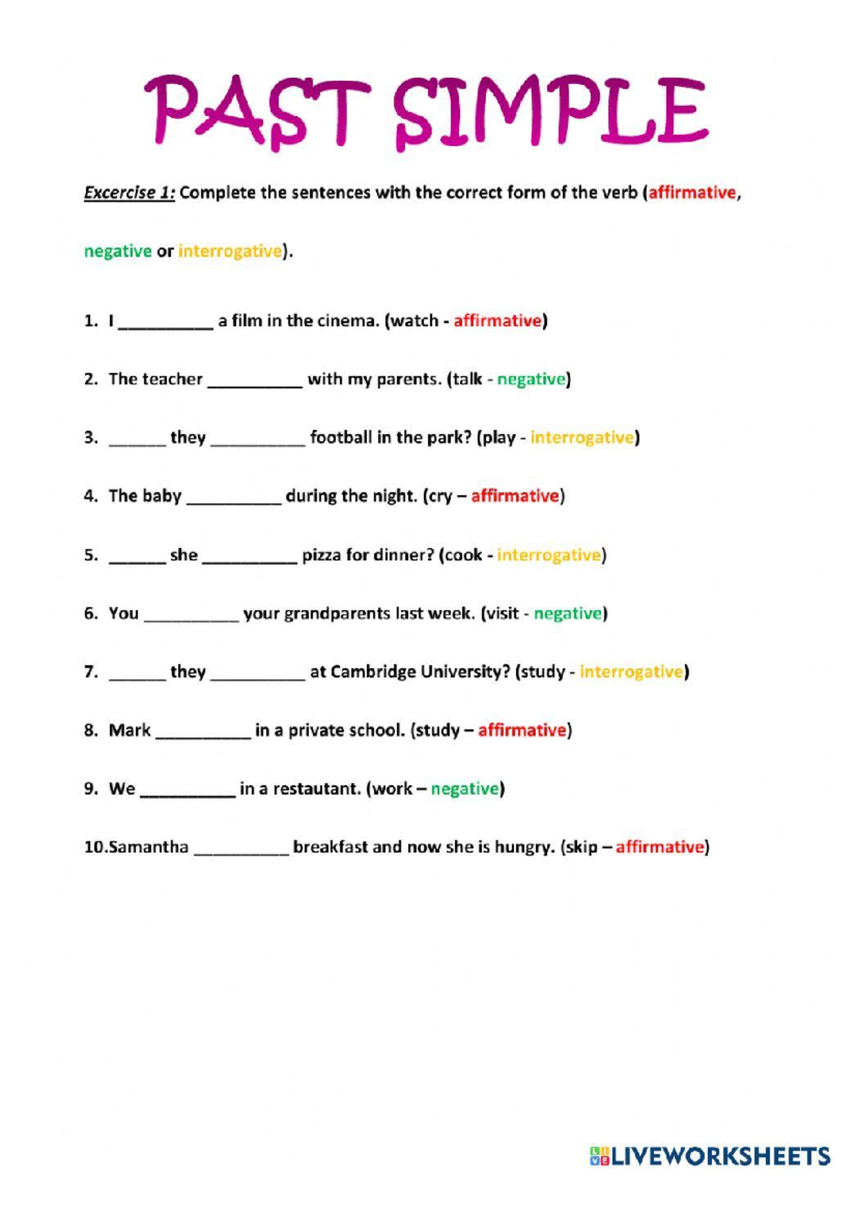PAST SIMPLE Worksheet: Complete the Sentences with Verb Forms - Studocu