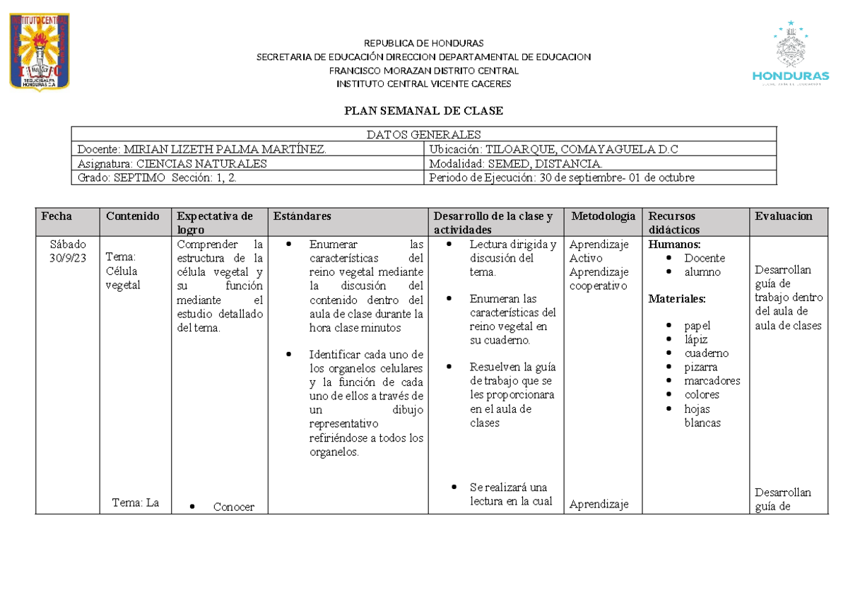 Planificación de Ciencias Naturales para Séptimo Grado - Clases 30/09-01/10 - Studocu