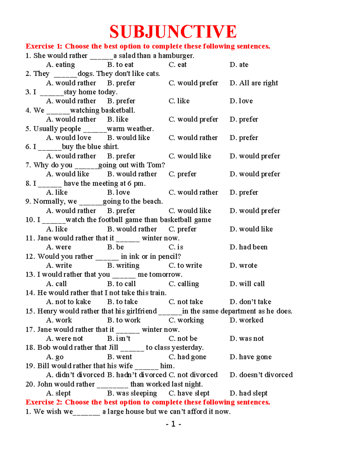 SUBJUNCTIVE Exercises: Complete the Sentences Correctly - Studocu
