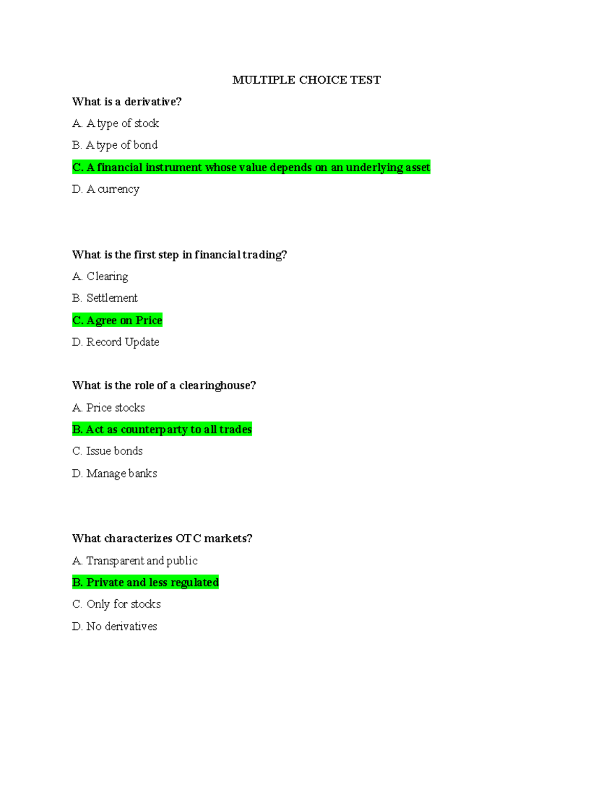 MULTIPLE CHOICE TEST: Derivatives & Financial Trading Concepts - Studocu