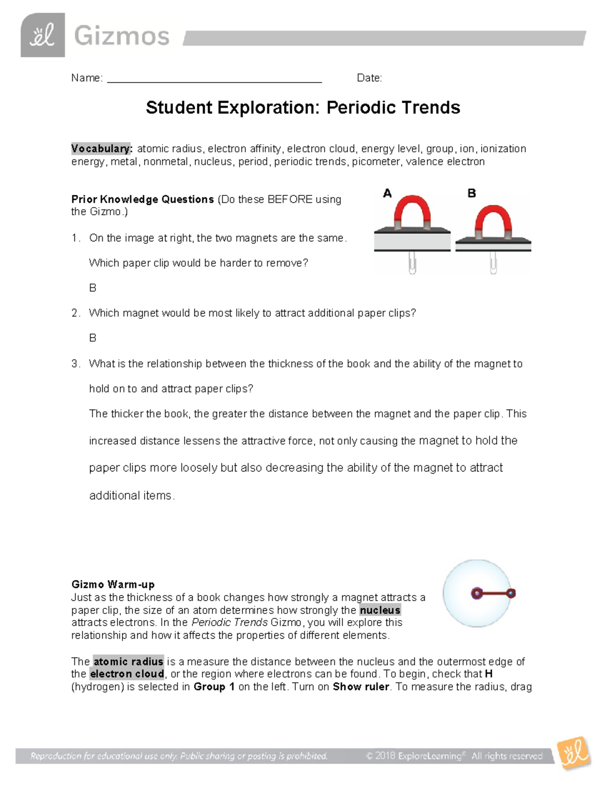 Periodic Trends SE Gizmo Exploration: Atomic Radius & Ionization Energy ...