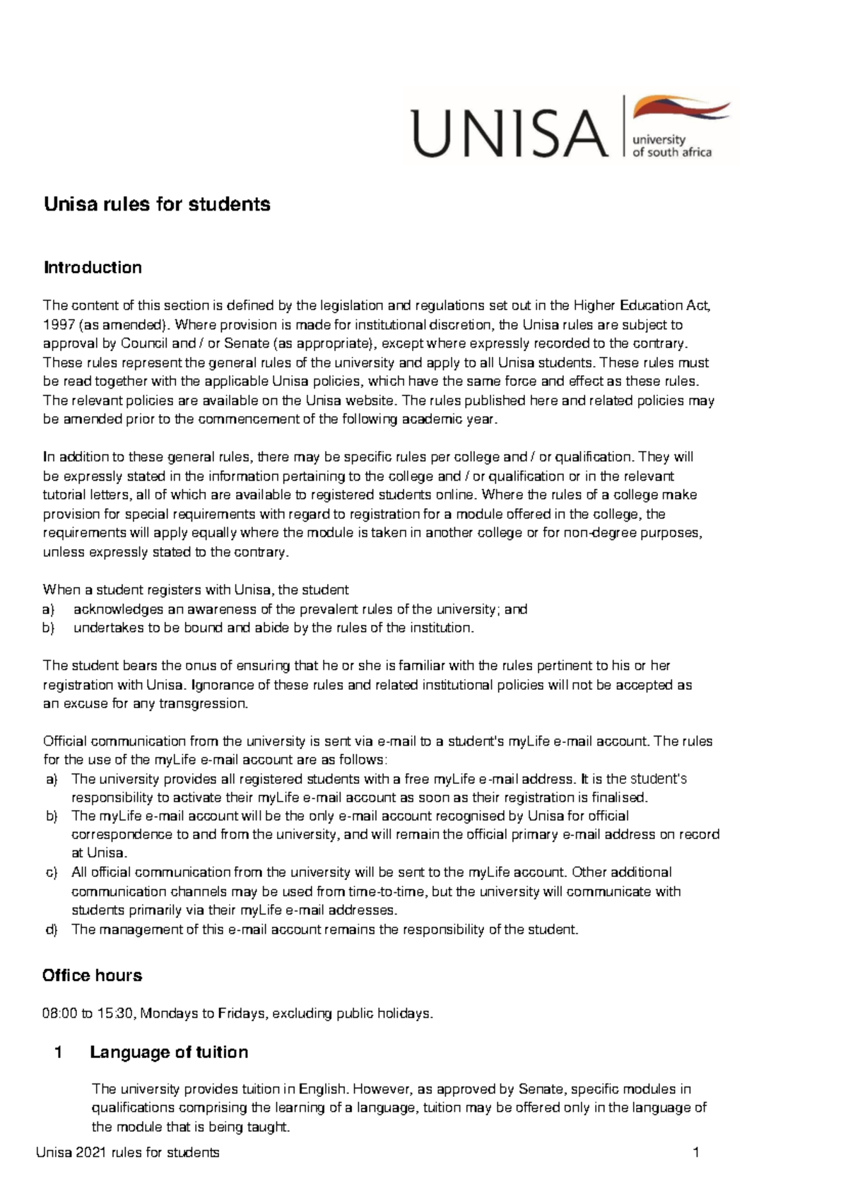 Unisa Student Rules and Regulations Guide for 2021 - Studocu