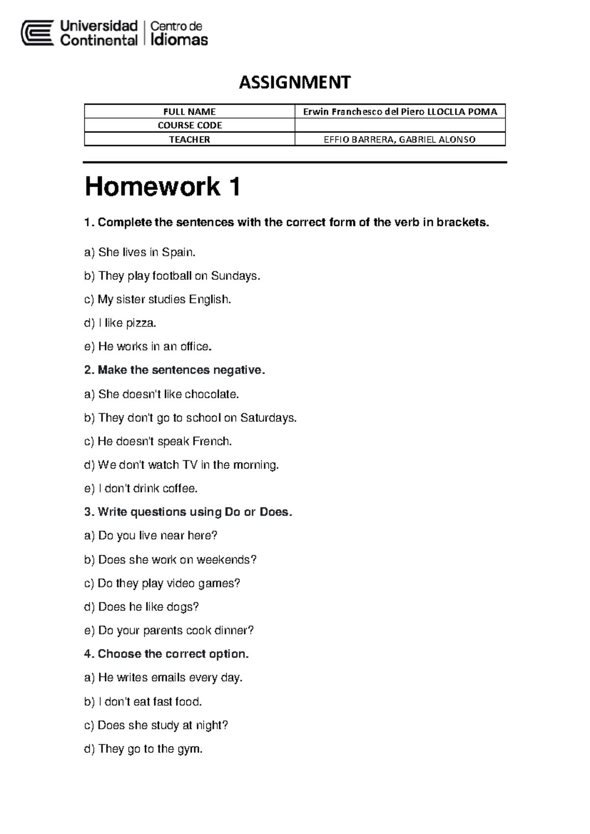 Homework 1 - Practica de Ingles LLOCLLA POMA EFFIO BARRERA - Studocu