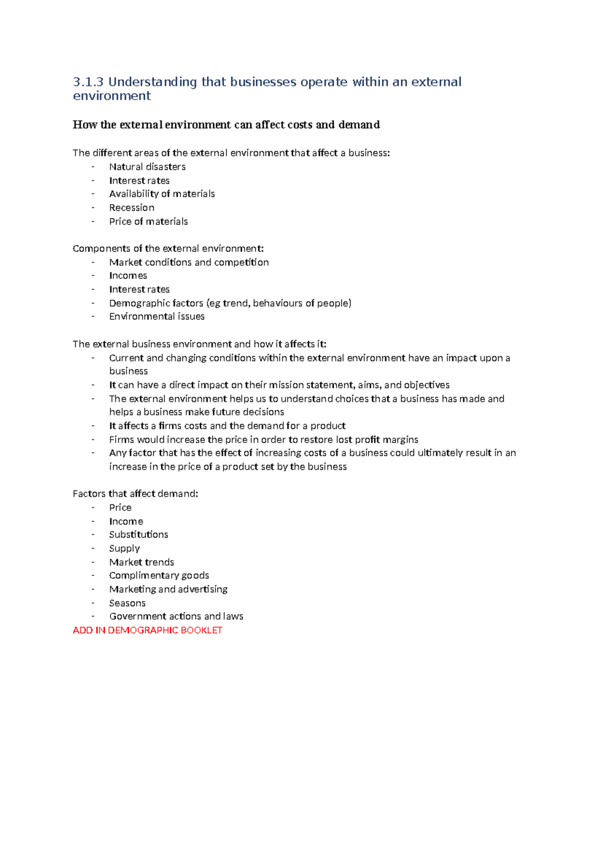3.1.3 External Environment Impact on Business Costs & Demand - Studocu