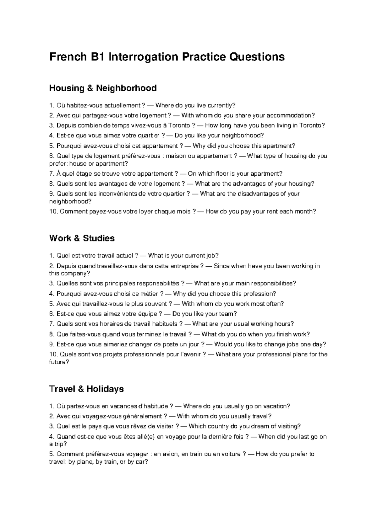 French B1 Interrogation Practice Questions with Translations - Studocu
