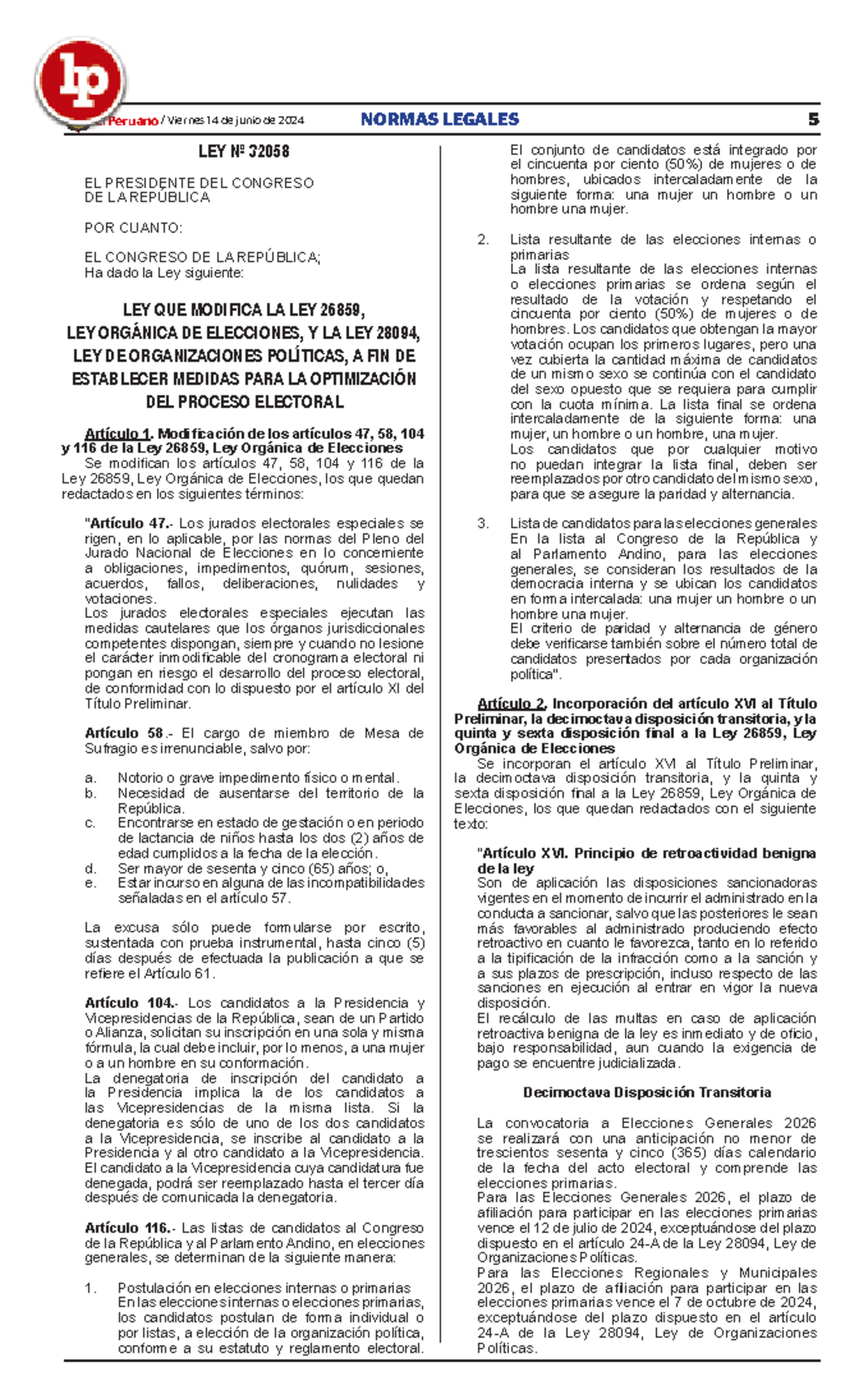 Ley-32058-organica de elcciones - El Peruano /Viernes 14 de junio de ...