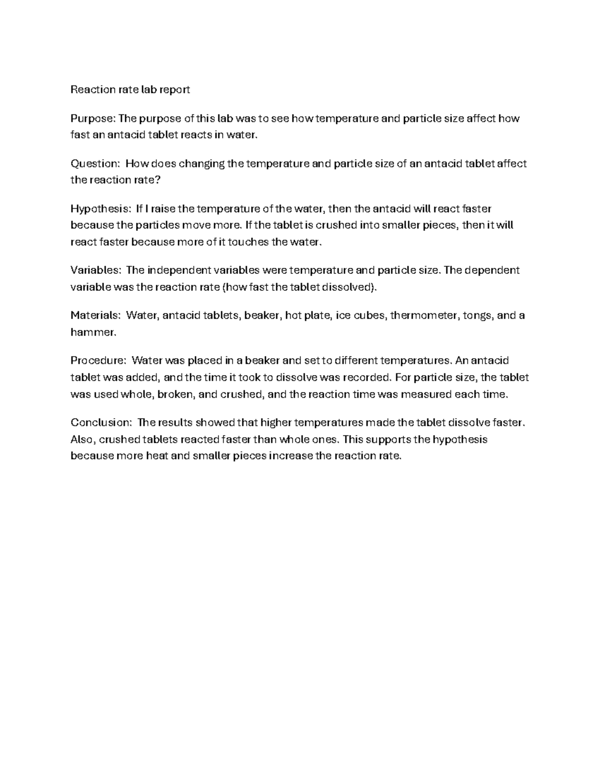 Reaction Rate Lab Report: Effects of Temp & Particle Size on Antacid ...