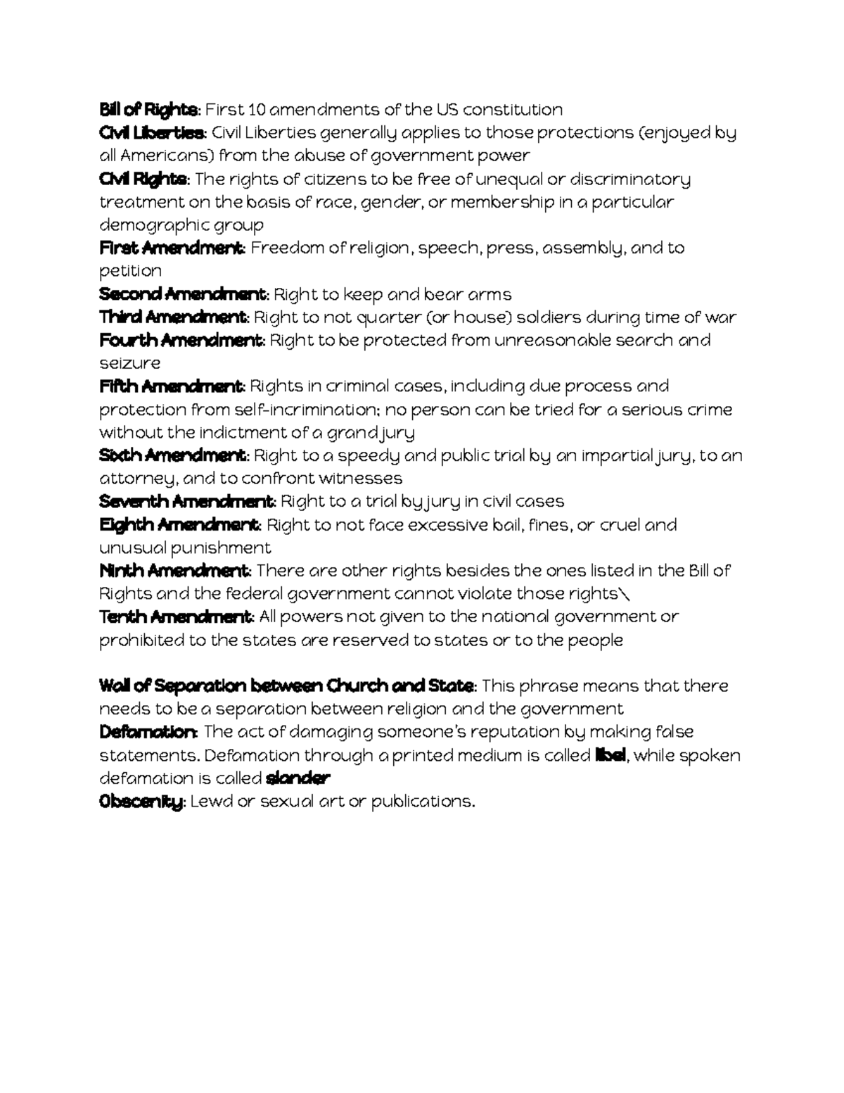 AP GOV Unit 5 Notes - Bill of Rights: First 10 amendments of the US ...