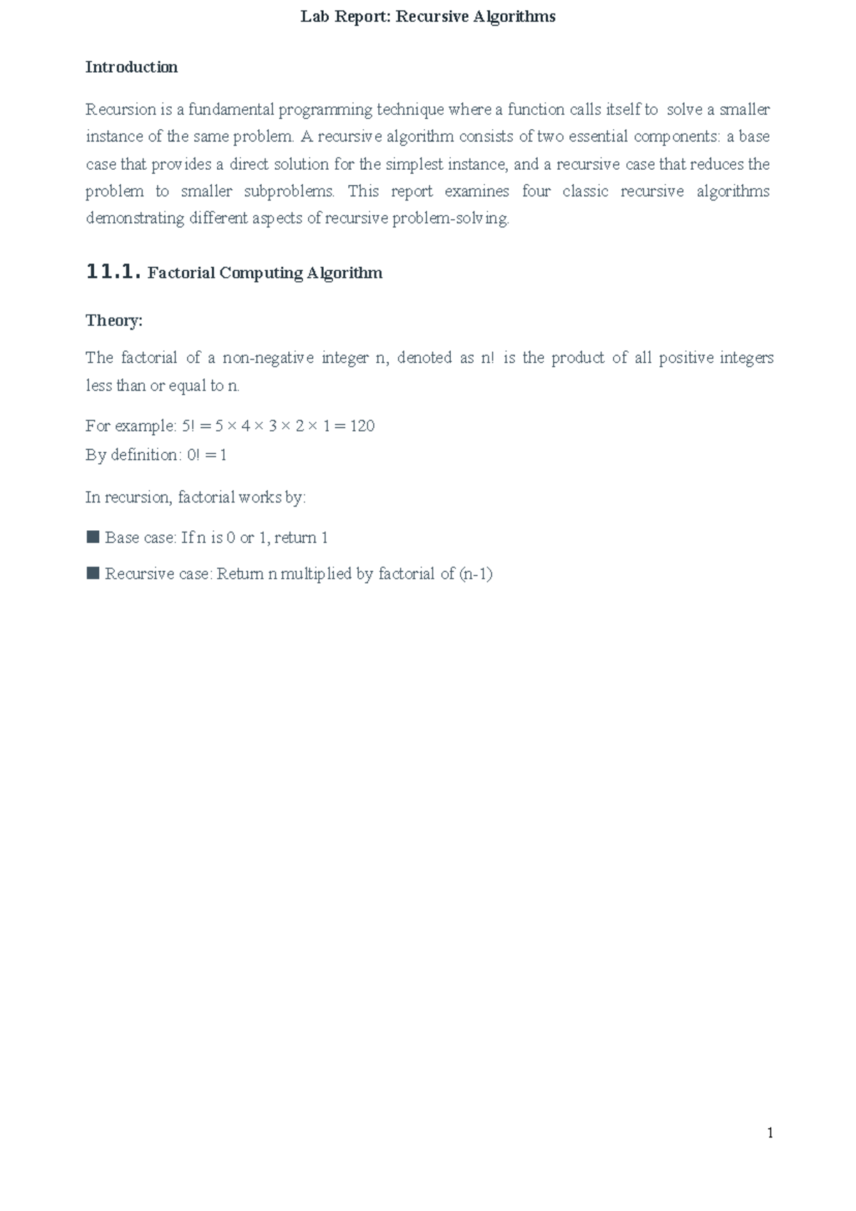 DS 11 Lab Report: Introduction to Recursive Algorithms - Studocu
