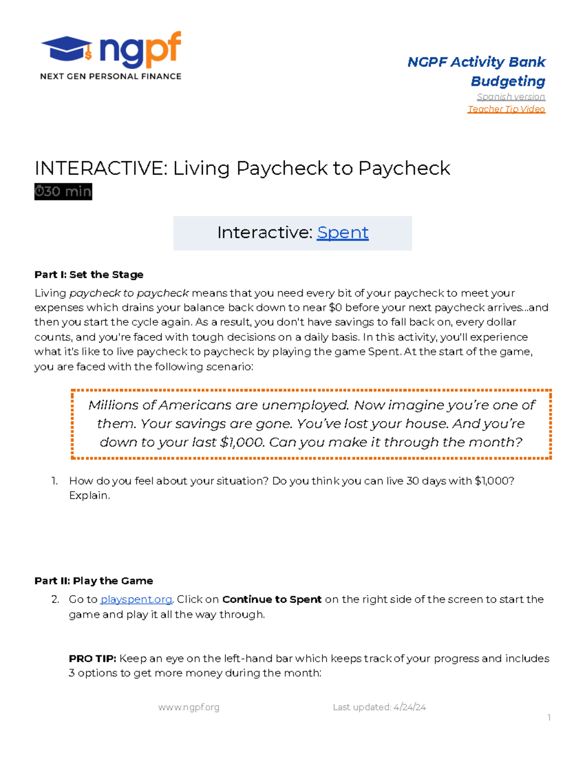 Interactive Living Paycheck to Paycheck - ngpf Last updated: 4/24/ 1 ...