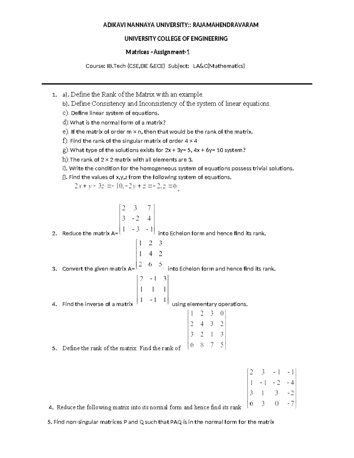 Matrices Course: IB.Tech (CSE,EIE) - Rank & Systems of Equations - Studocu
